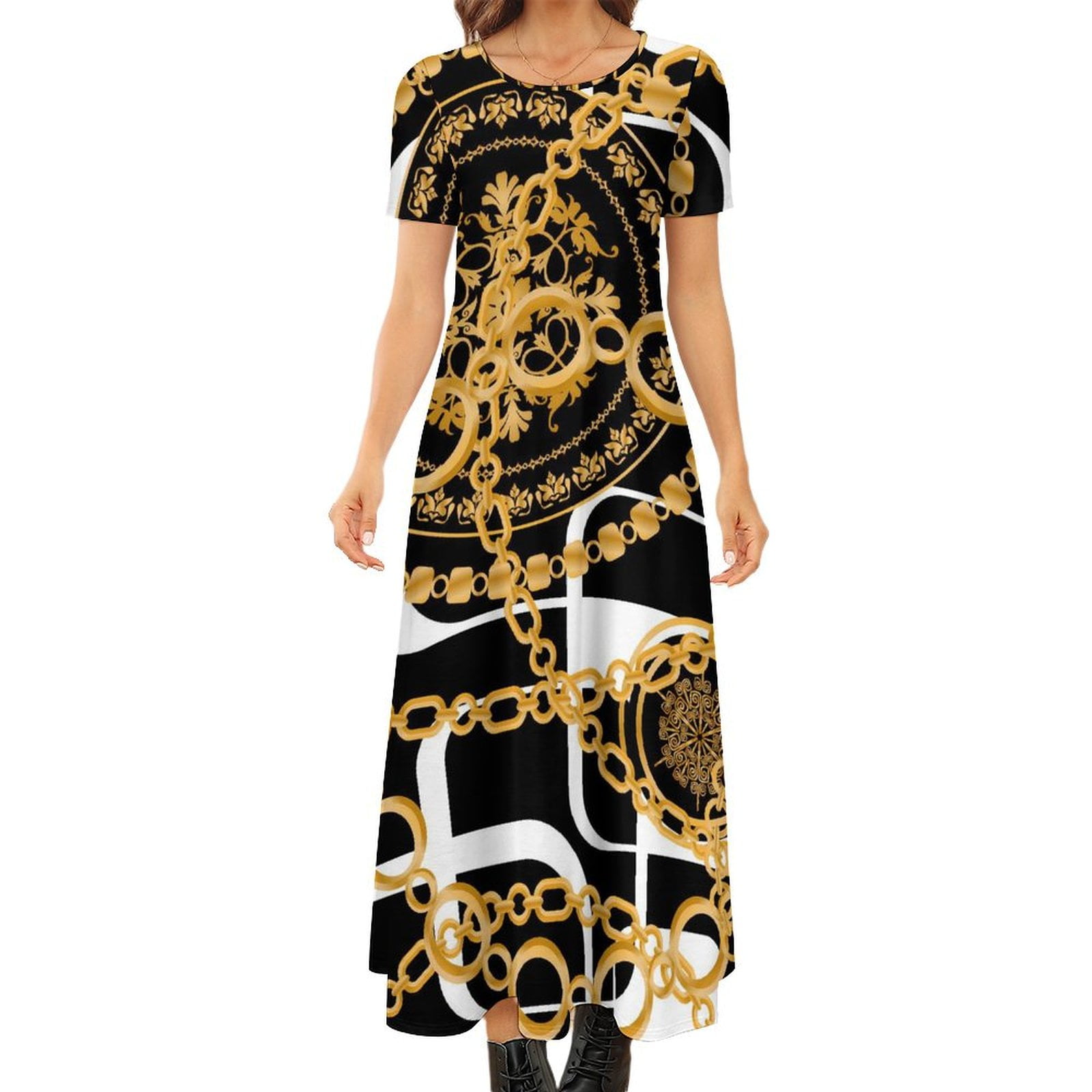 Gold Chains Print Dress Elephant And Tiger Street Fashion Bohemia Long ...