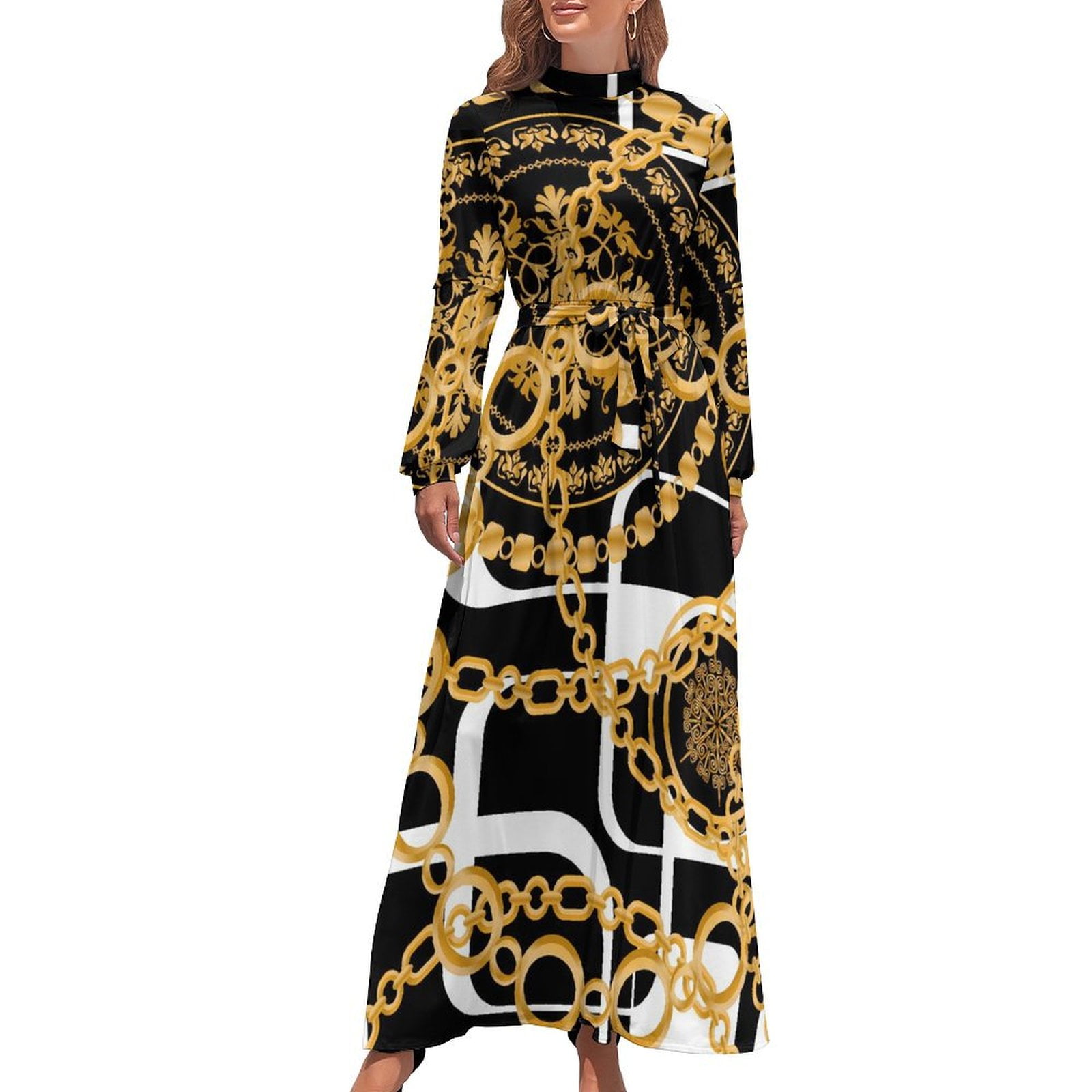 Gold Chains Print Dress Long Sleeve Elephant And Tiger Maxi Dress High ...
