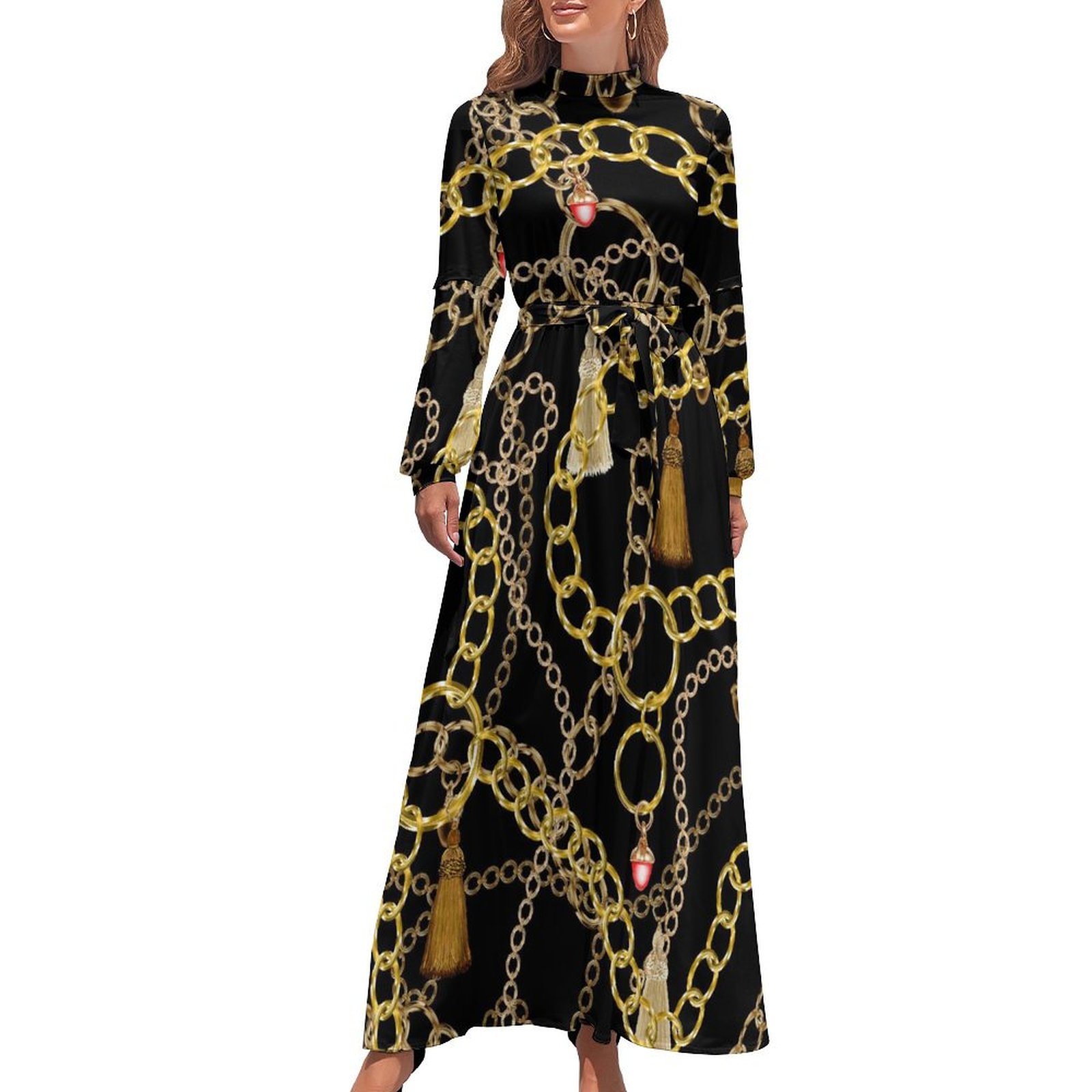 Gold Chains Print Dress Long Sleeve Elephant And Tiger Maxi Dress High ...