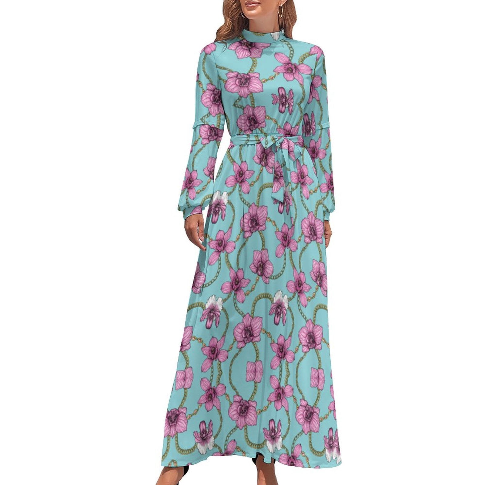 Gold Chains Print Dress Long Sleeve Elephant And Tiger Maxi Dress High ...