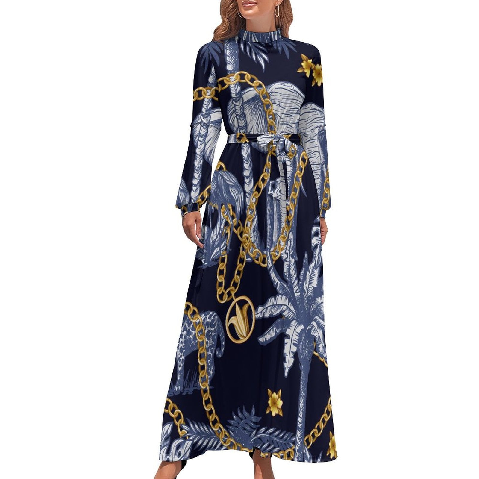 Gold Chains Print Dress Long Sleeve Elephant And Tiger Maxi Dress High ...