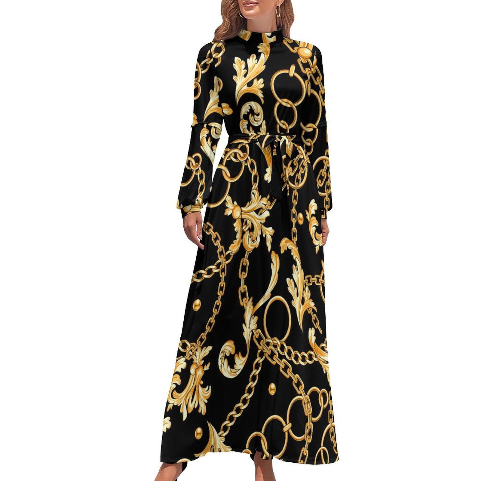 Gold Chains Print Dress Long Sleeve Elephant And Tiger Maxi Dress High ...