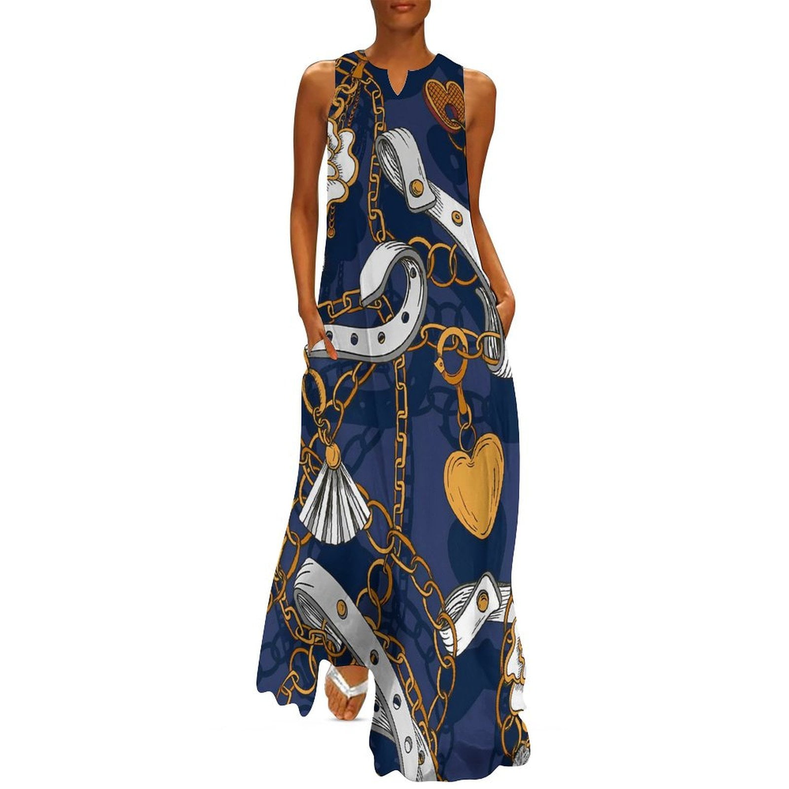 Gold Chains Print Dress Summer Anchor Aesthetic Boho Beach Long Dresses ...