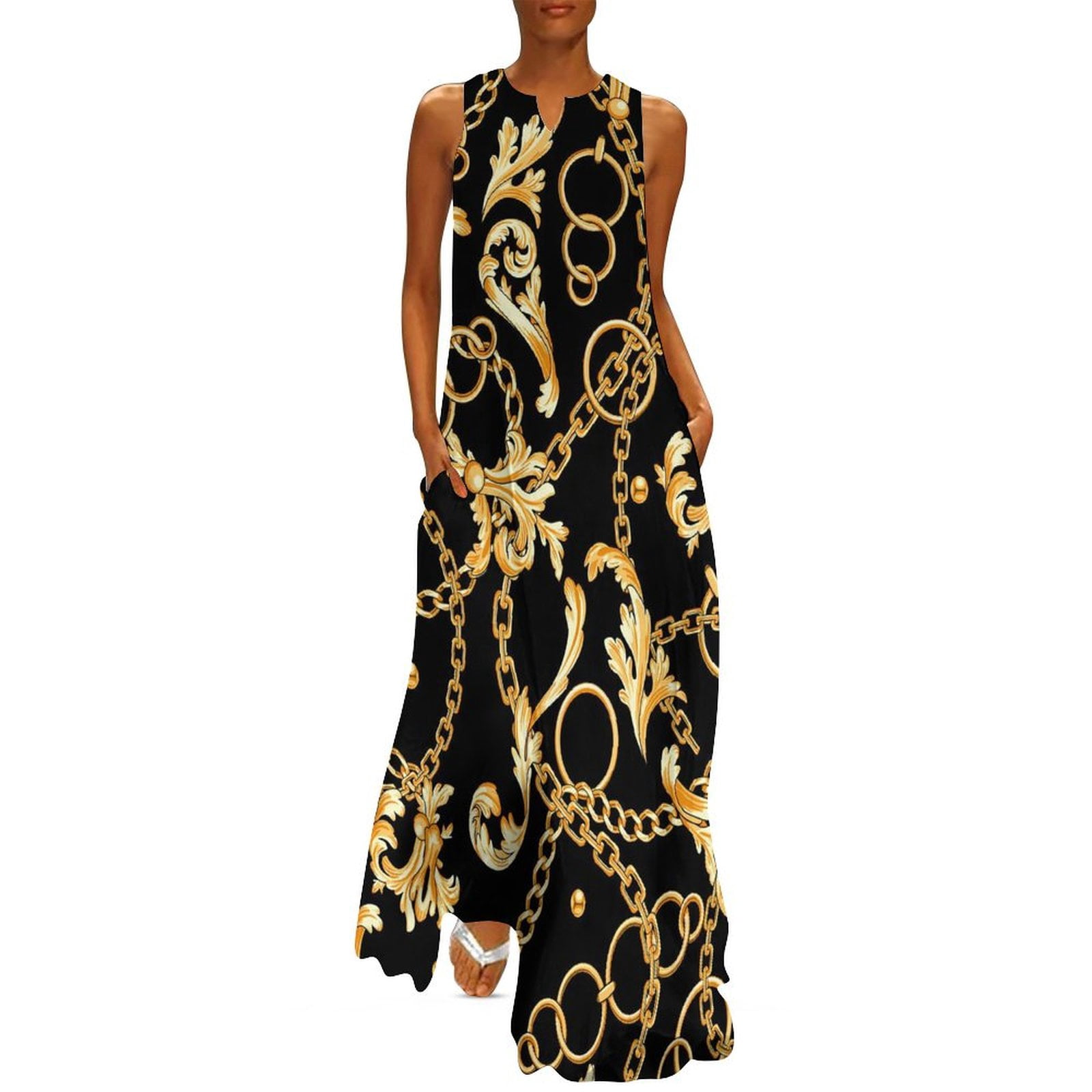Gold Chains Print Dress Summer Anchor Aesthetic Boho Beach Long Dresses ...