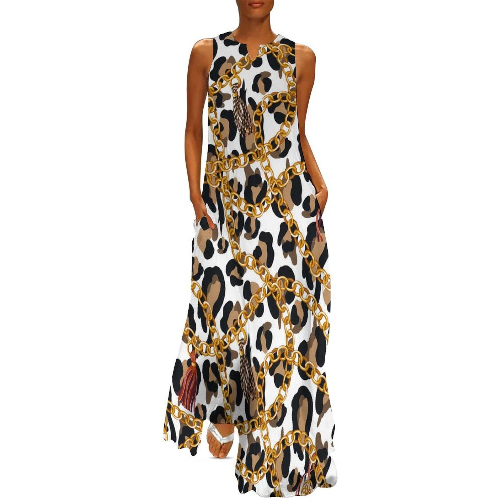 Gold Chains Print Dress Summer Anchor Aesthetic Boho Beach Long Dresses ...
