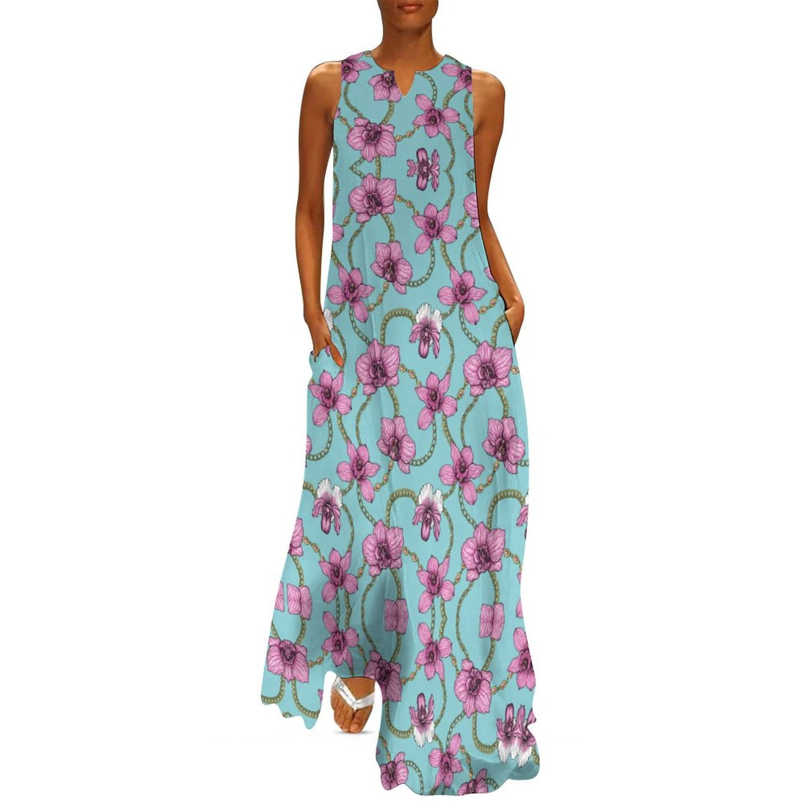 Gold Chains Print Dress Summer Anchor Aesthetic Boho Beach Long Dresses ...