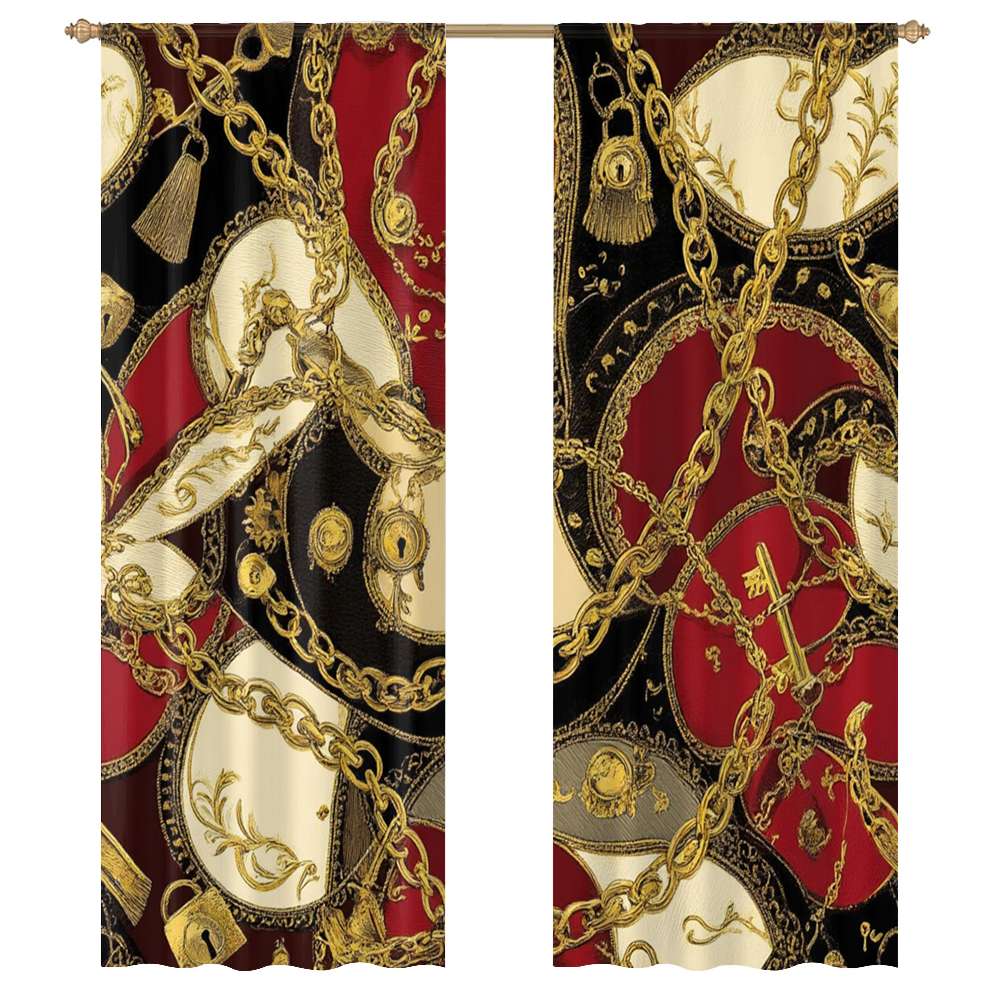 Gold Chains Red Black Pattern Sheer Voile Curtain Window Tulle Curtains ...