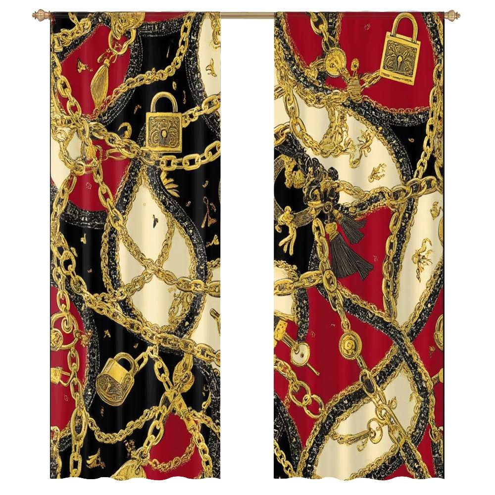 Gold Chains Red Black Pattern Tulle Curtains For Living Room Chiffon ...