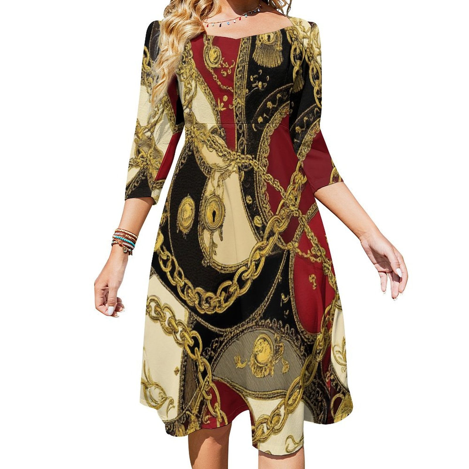Gold Chains Red Black Pattern Women's 3/4 Sleeve Dresses Elegant A-Line ...
