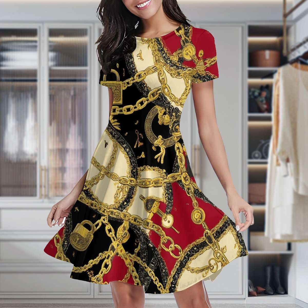Gold Chains Red Black Pattern Women's Classic Swing Skater Dress Casual ...