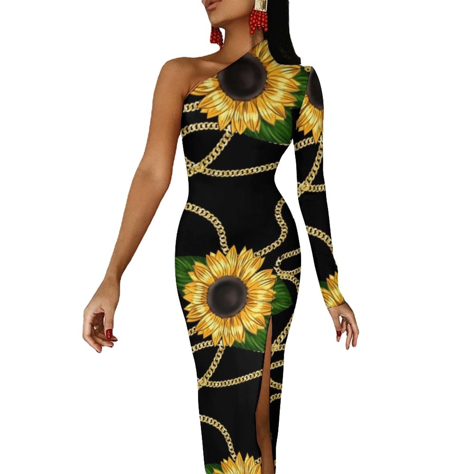 Gold Chains Side Split Bodycon Dress Womens Pearl Strand Jewelry Print ...