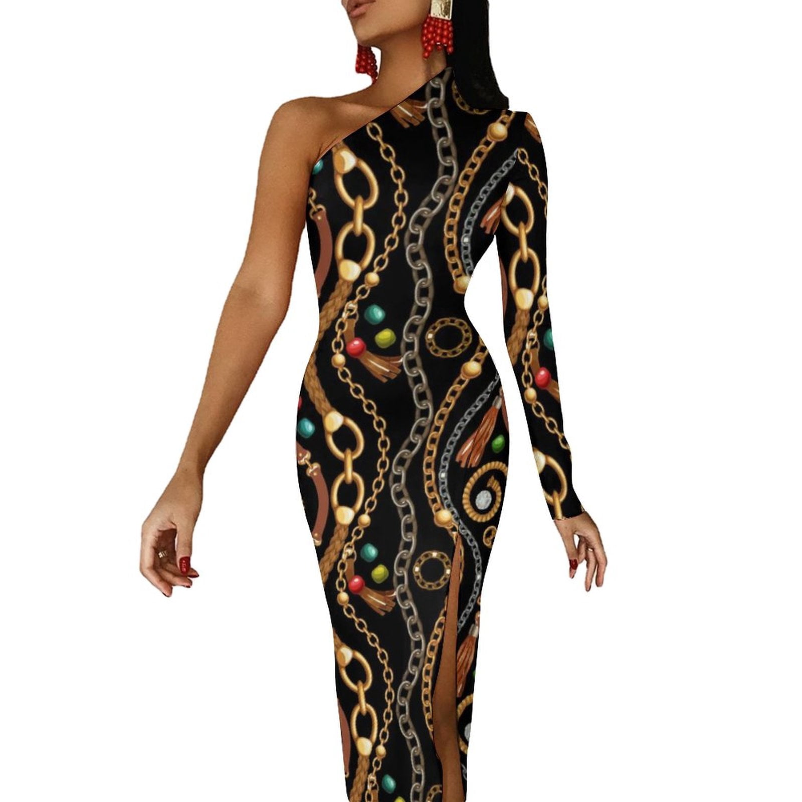 Gold Chains Side Split Bodycon Dress Womens Pearl Strand Jewelry Print ...