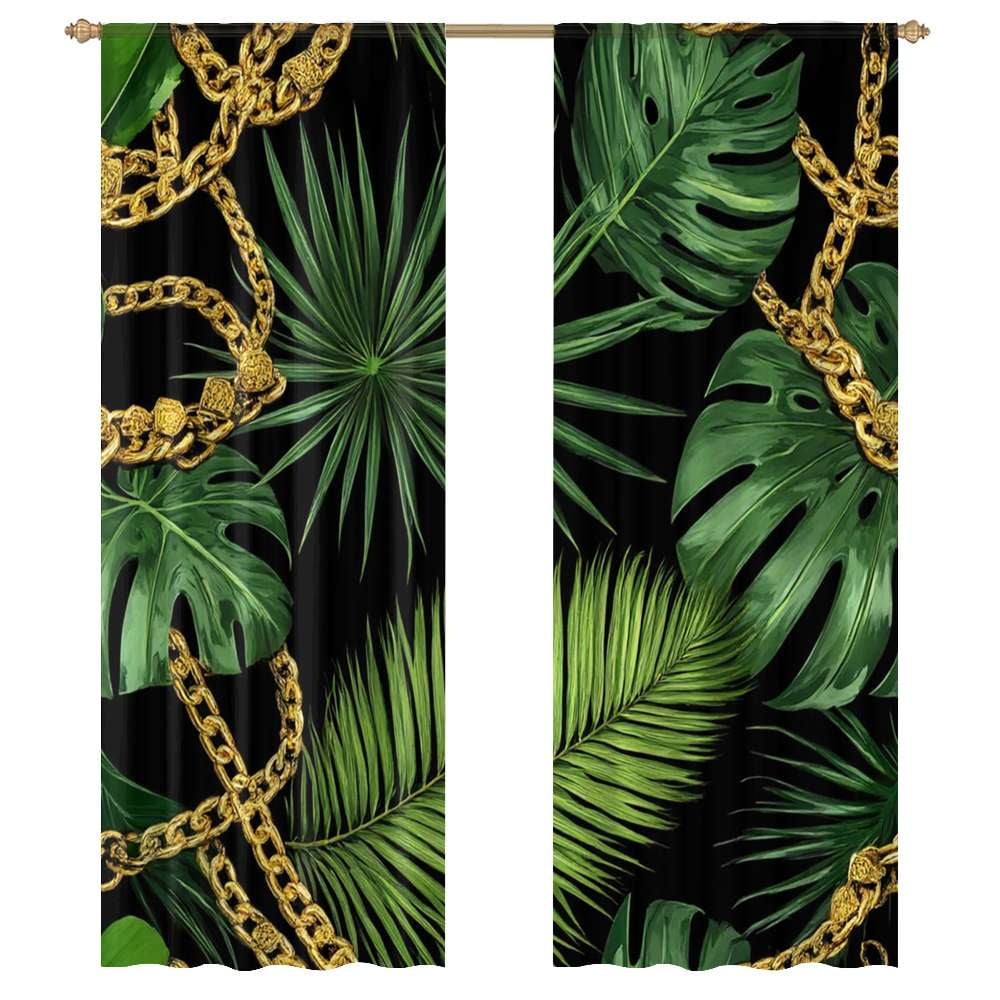 Gold Chains Tropical Leaves Pattern Tulle Curtains For Living Room ...