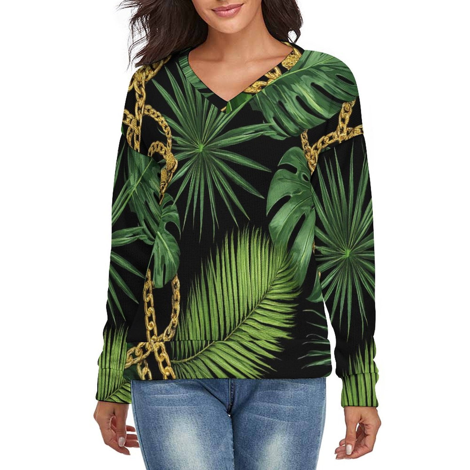 Gold Chains Tropical Leaves Pattern V-neck Sweater Winter Clothes Long ...