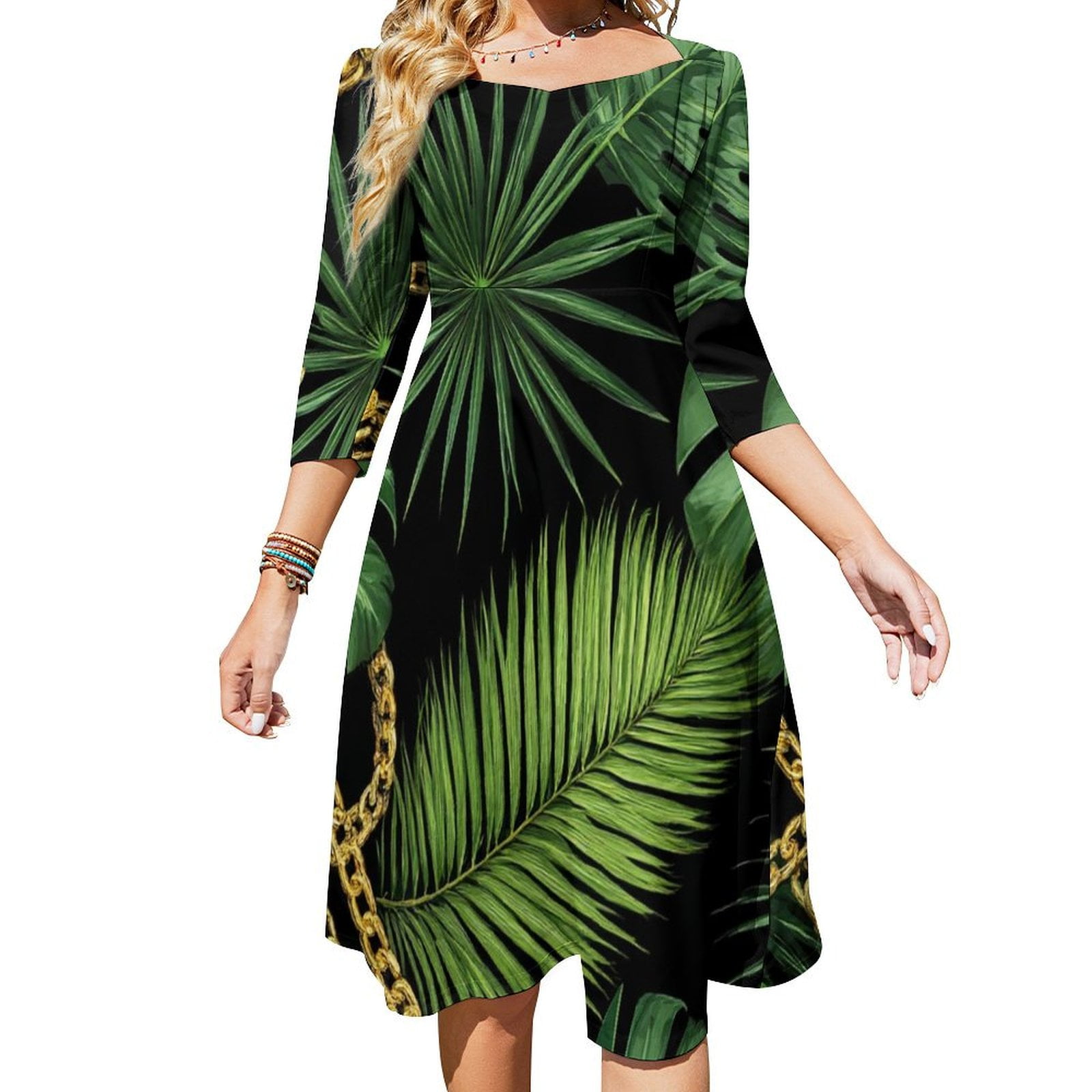 Gold Chains Tropical Leaves Pattern Womens Summer Dress Tie Back A Line ...