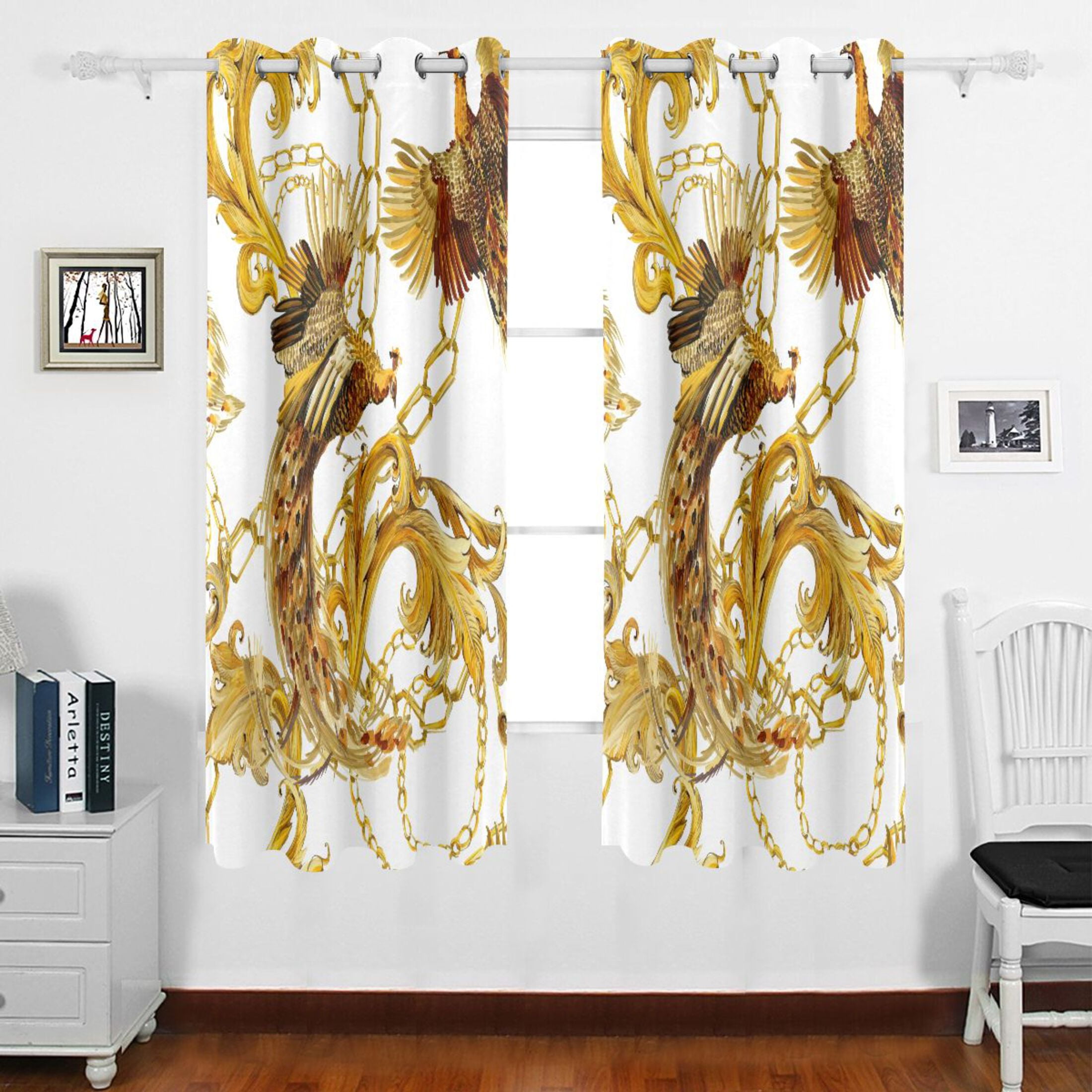 Gold Chains and Peacock Grommet Blackout Curtains Thermal Insulated ...