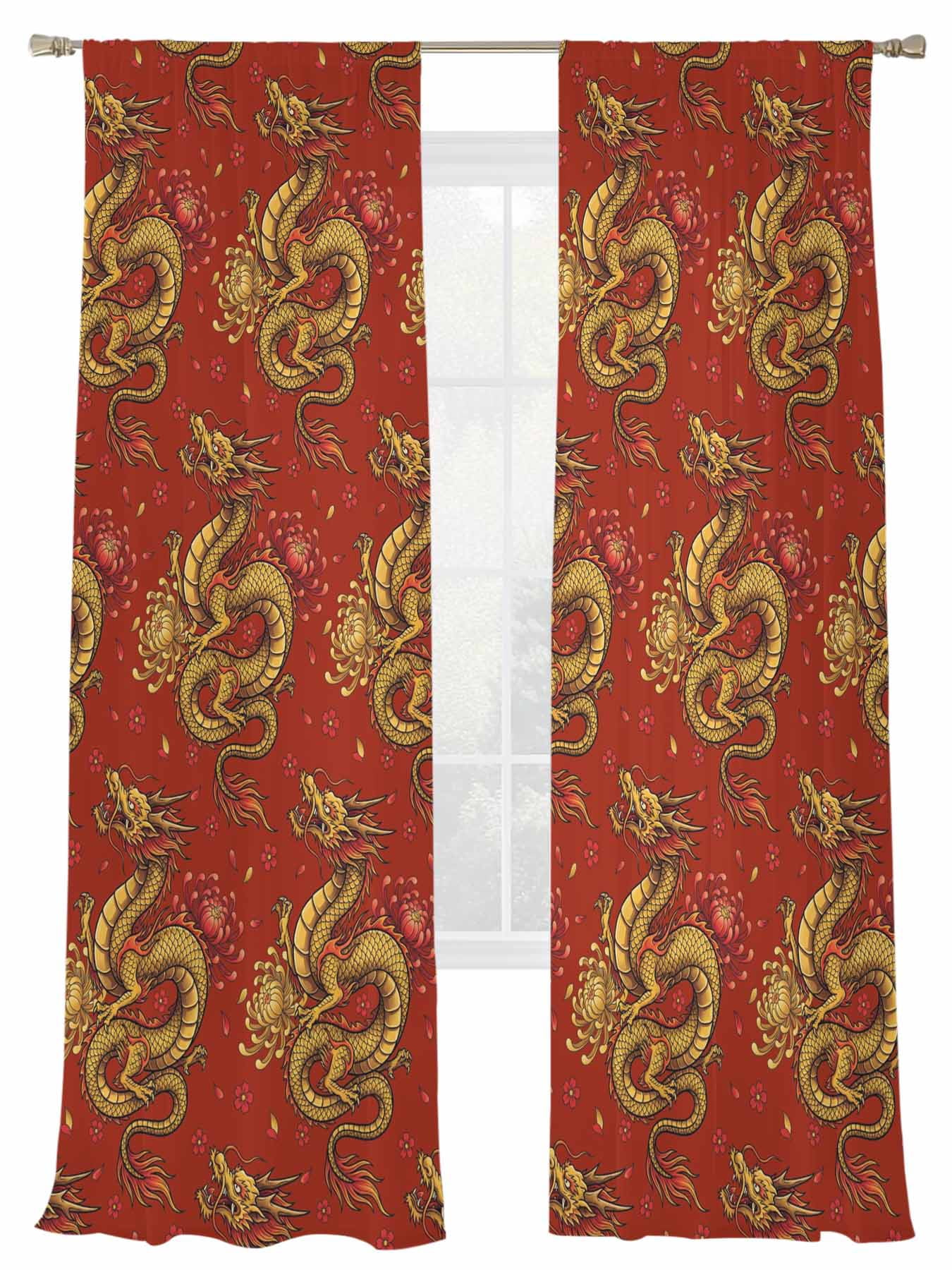 Gold Chinese Dragon Sheer Curtains 2 Panels Set Retro Flower Abstract ...