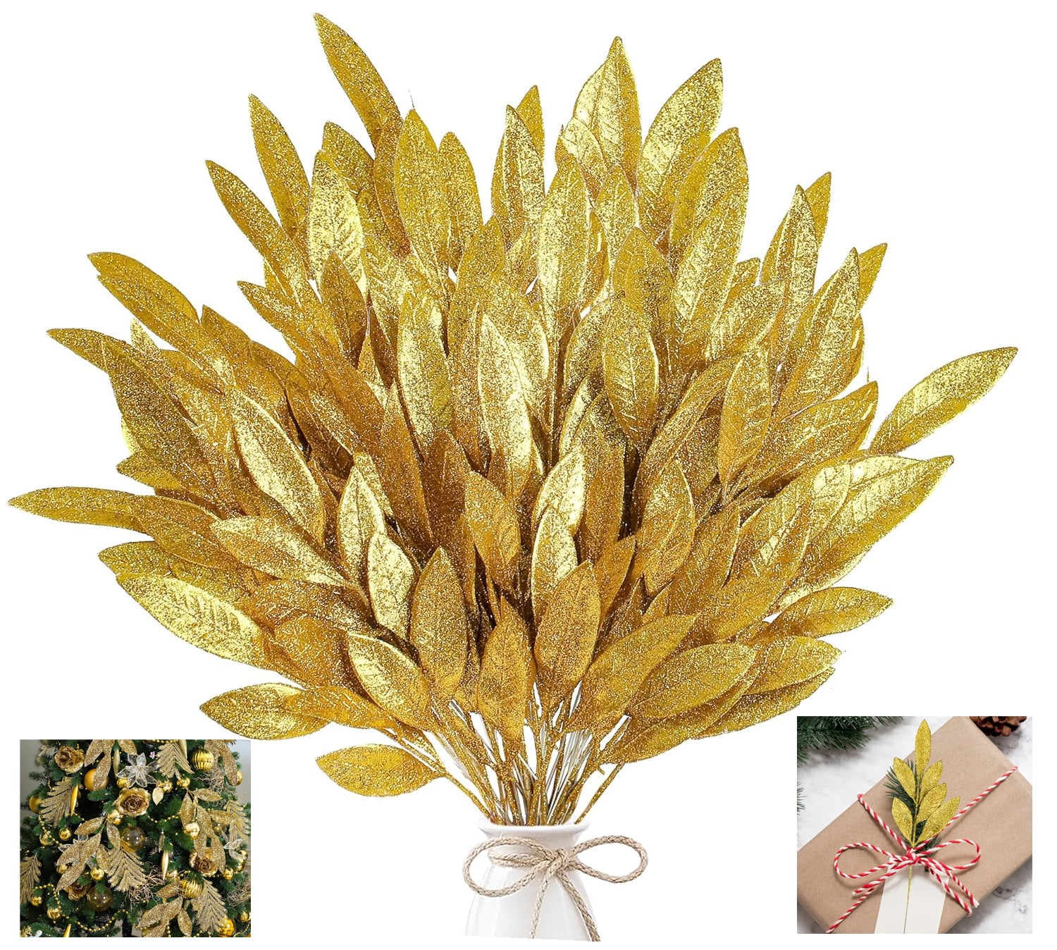 Gold Christmas Decor,20 Pieces Gold Glittered Artificial Leaf Spray ...