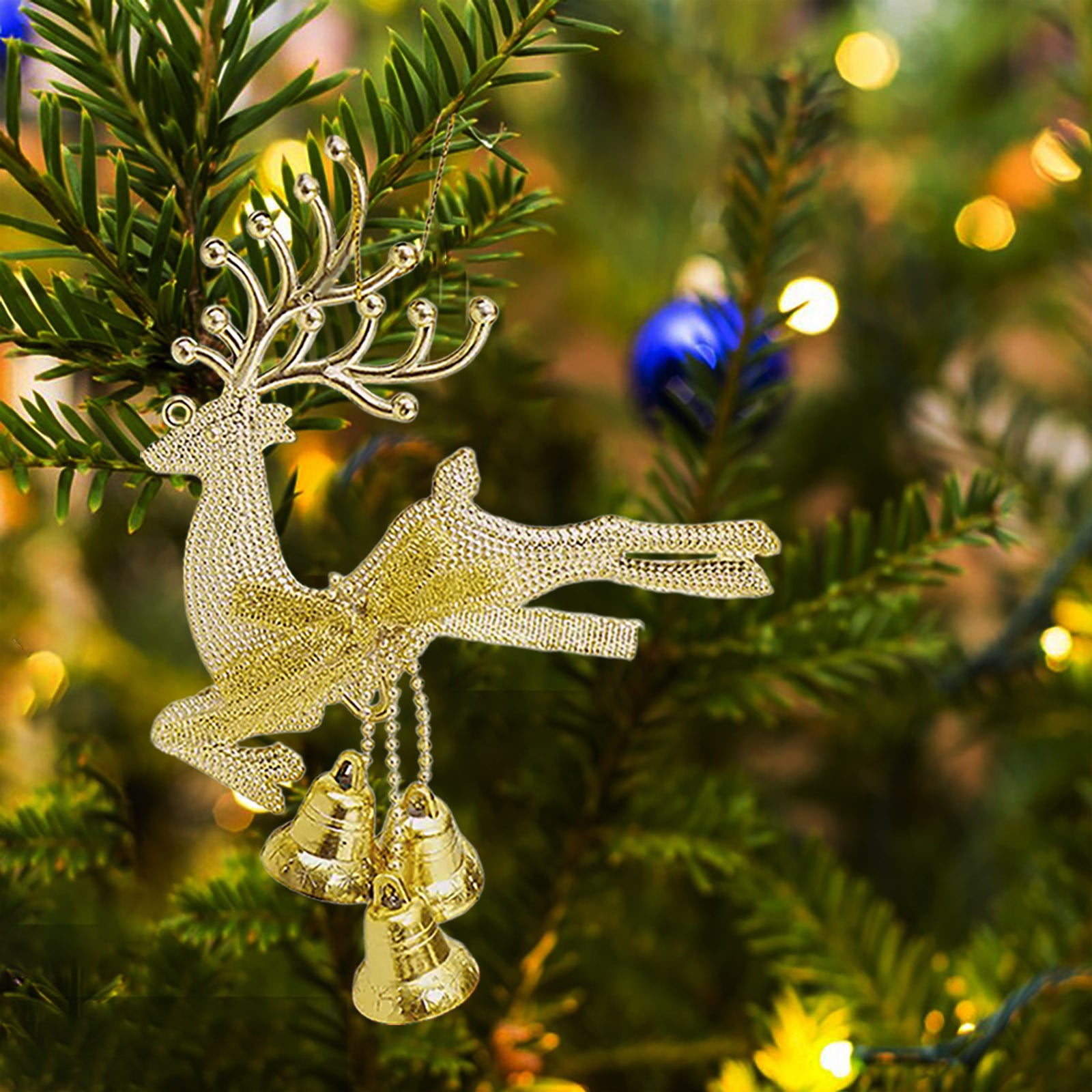 Gold Christmas Jingle Bells Reindeer Xmas Tree Hanging Decorations ...