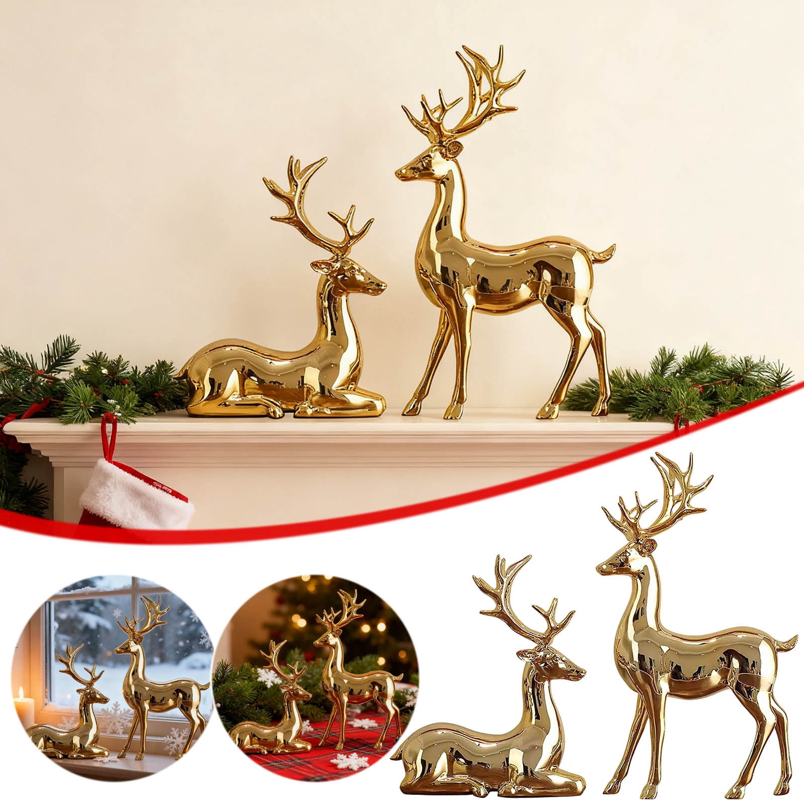 Gold Christmas Reindeer Figurines Decorations 2pcs Resin Couple Deer ...