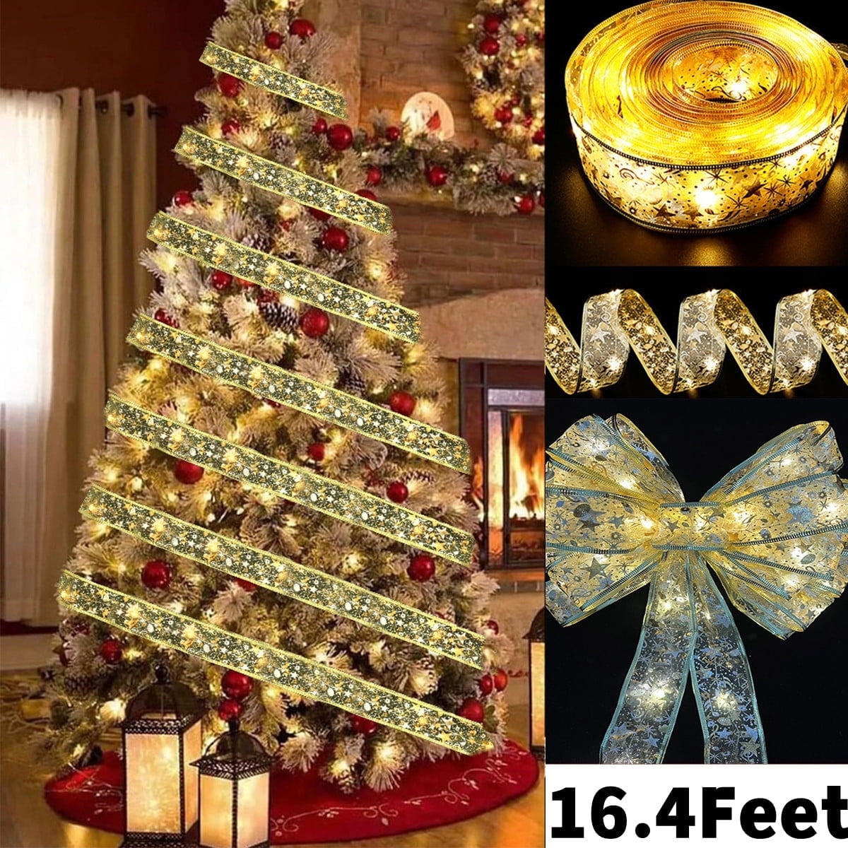 Gold Christmas Ribbon Lights, Indoor & Outdoor LED Decoration for Xmas ...