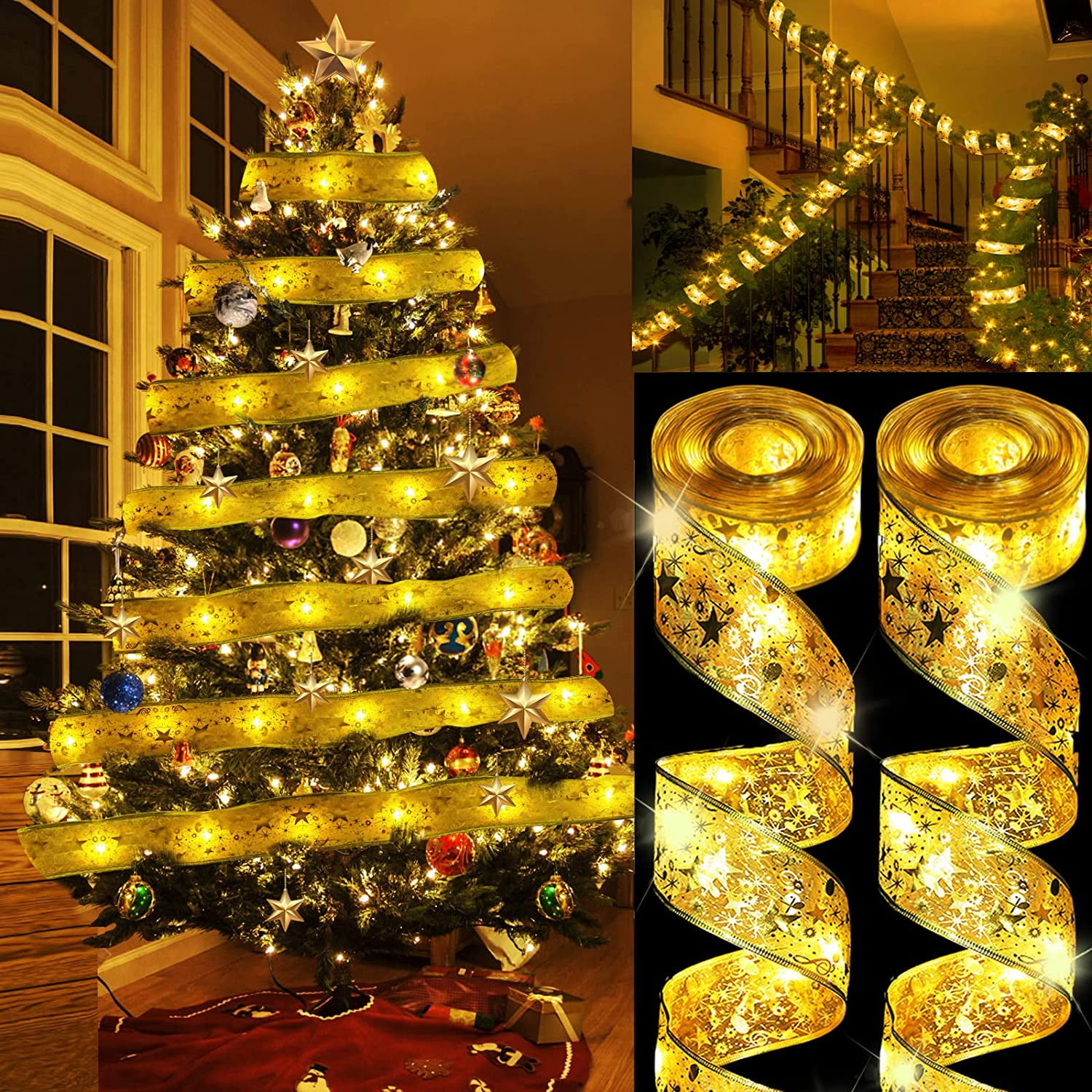 Gold Christmas Tree Ribbon Lights 33FT 100 LED Stair Lights Fairy Light ...
