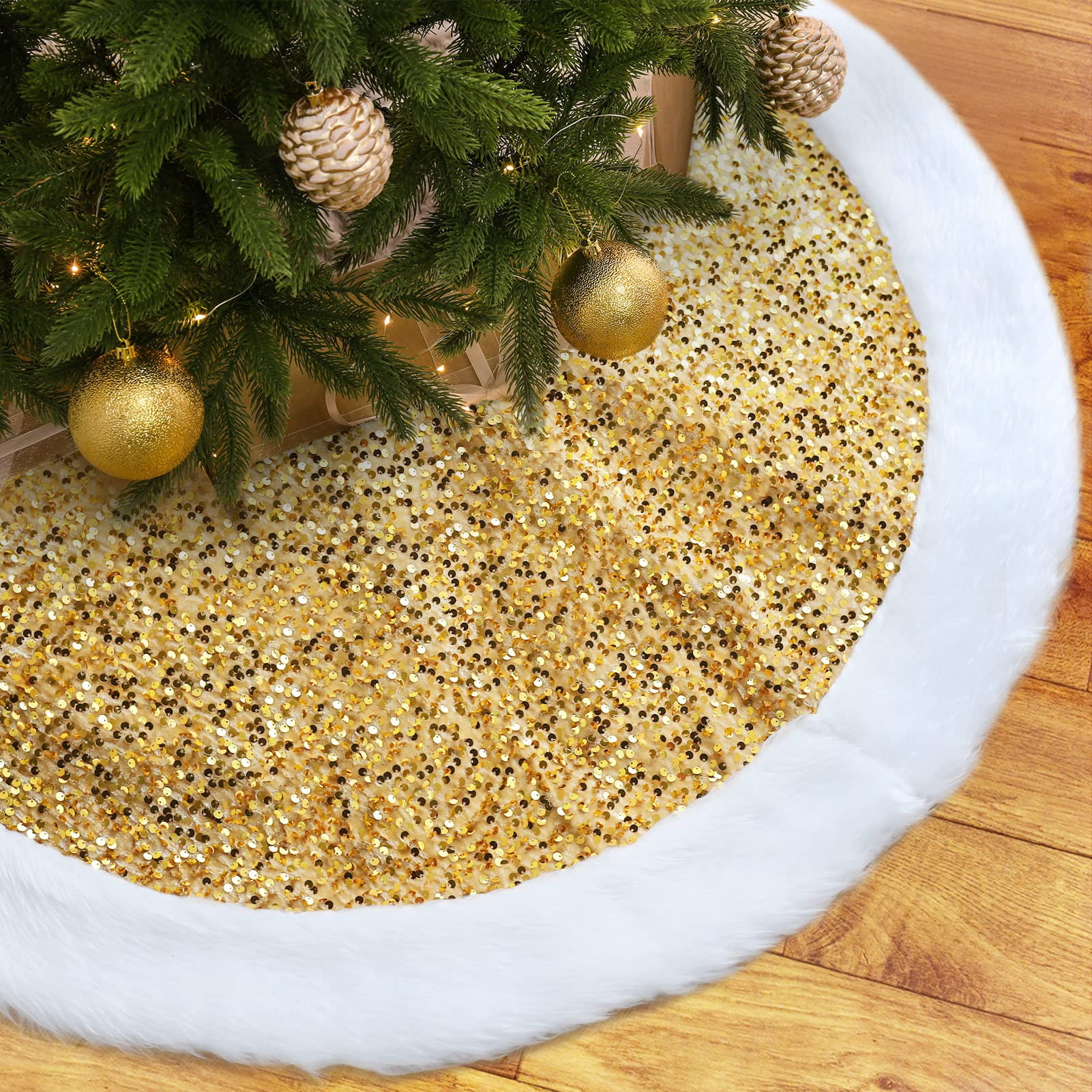 Gold Christmas Tree Skirt with Sequin Faux Fur, 48 Inch Tree Skirts for ...