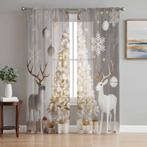 Gold Christmas Trees Elk Sheer Curtains 63 Inch Length 2 Panels Set ...