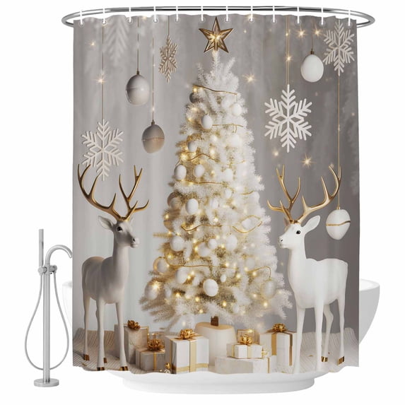 Gold Christmas Trees Elk Shower Curtain Set - Long 72" x 84" Washable ...