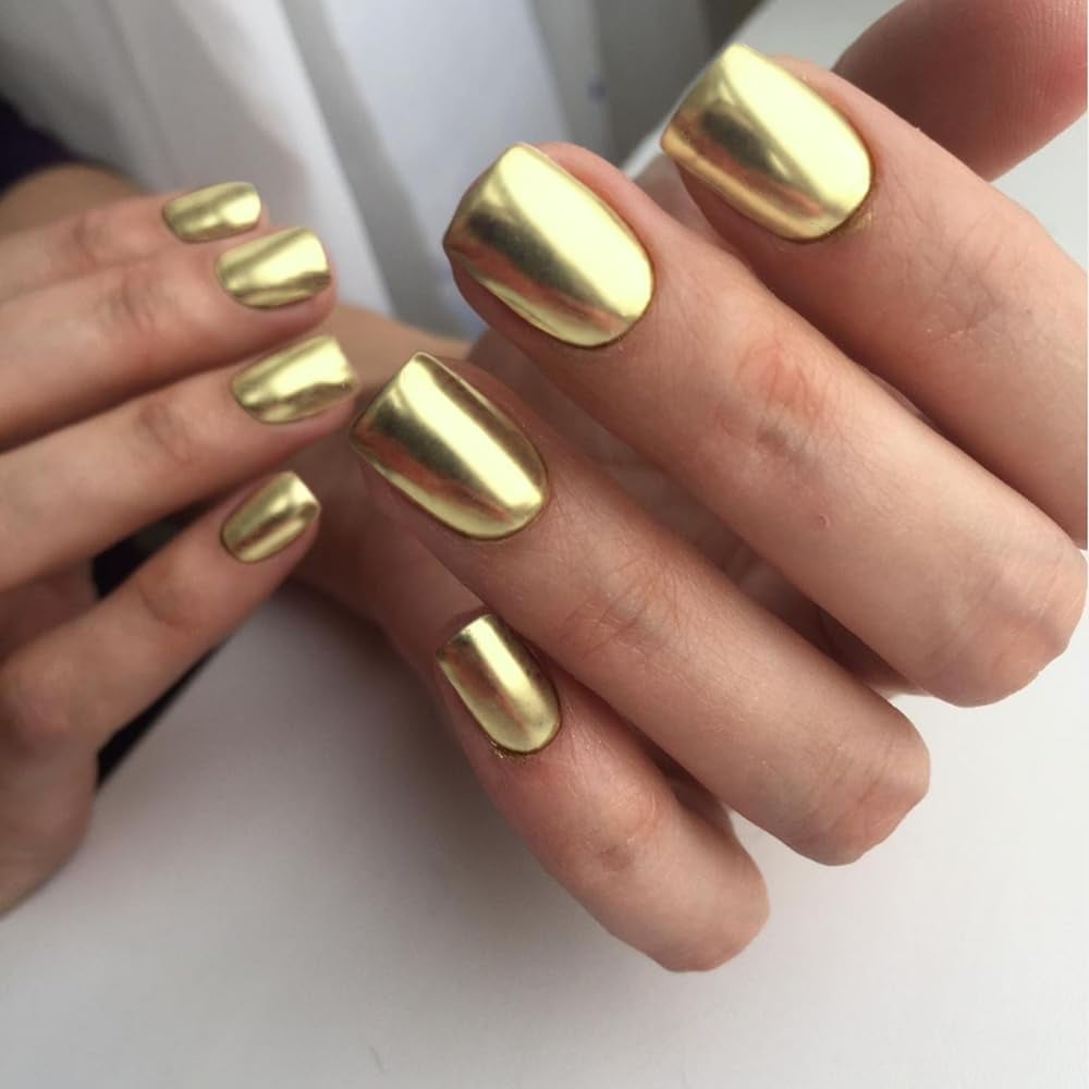Gold Chrome Press on Nails Short Square, Gold Nail Fake Nails Plating ...