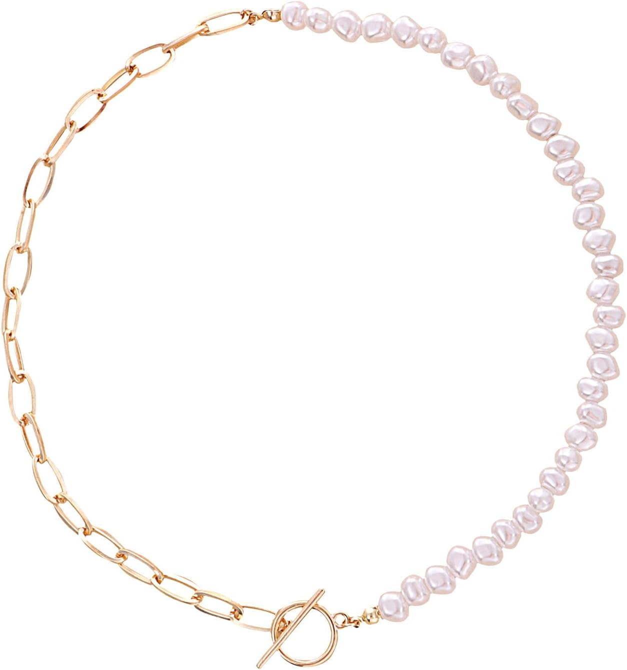 Gold Chunky Choker Necklace Chain Clasp Toggle Necklaces Half Pearl ...