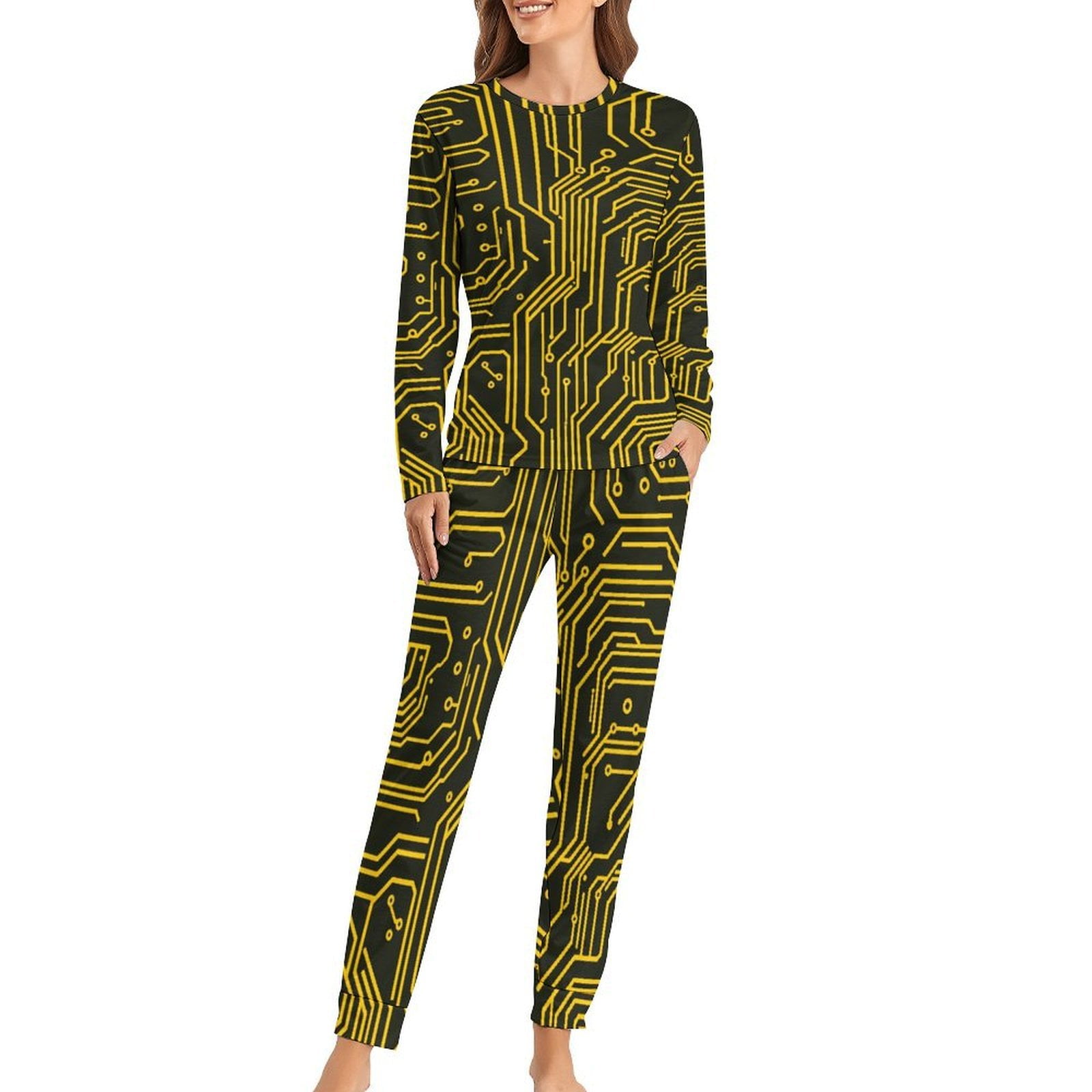 Gold Circuit Board Pajamas Woman Two Piece Design Long Sleeves Oversize ...