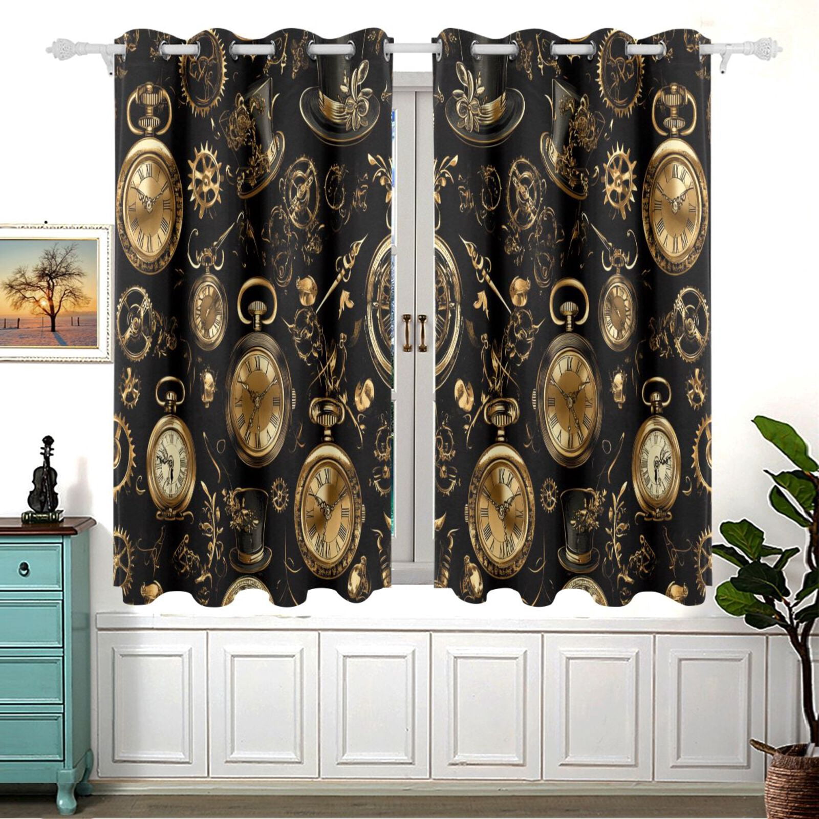 Gold Clocks Machines Curtains Grommet Black Out 54 Inch Length Curtain ...