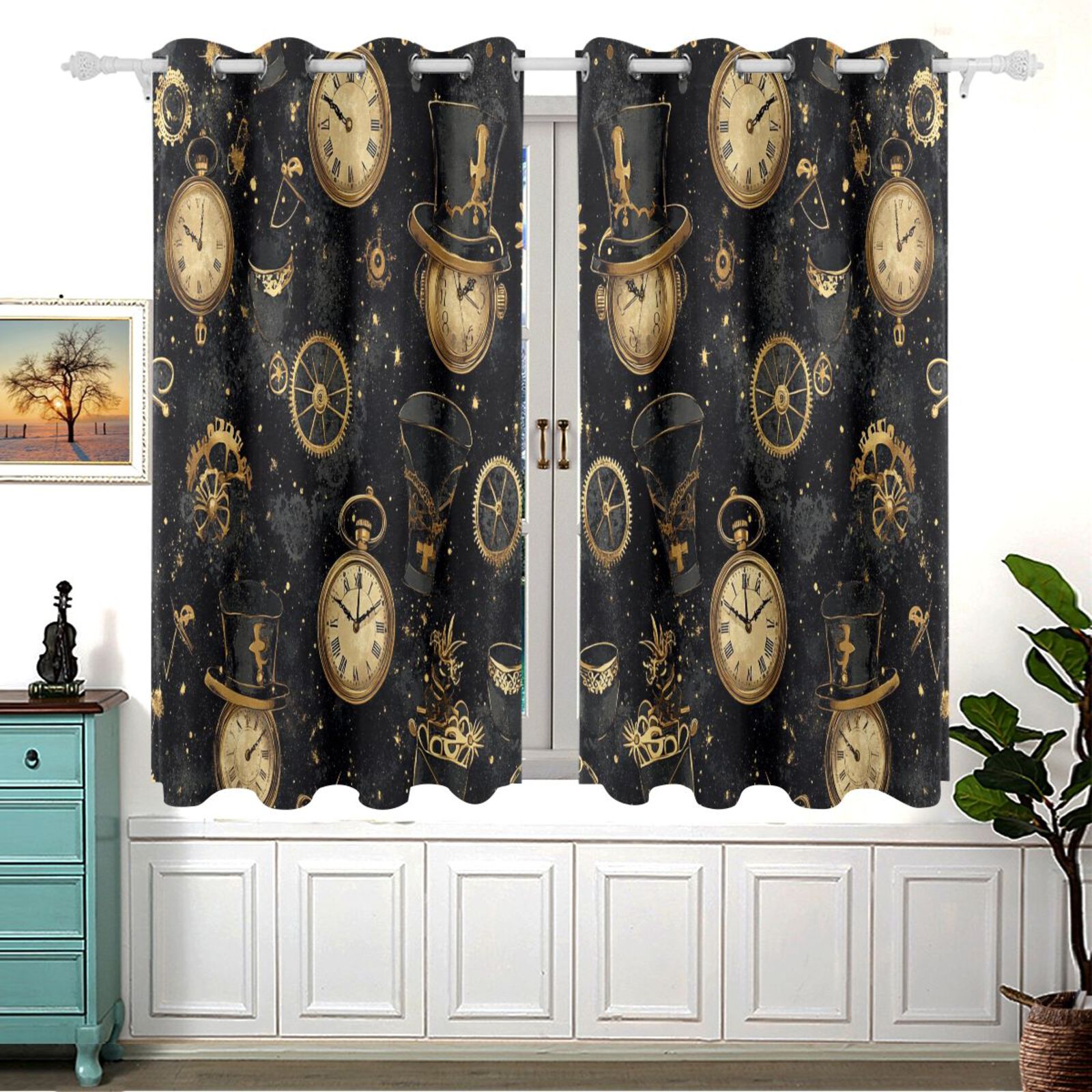 Gold Clocks Machines Hats Curtains Grommet Black Out 54 Inch Length ...