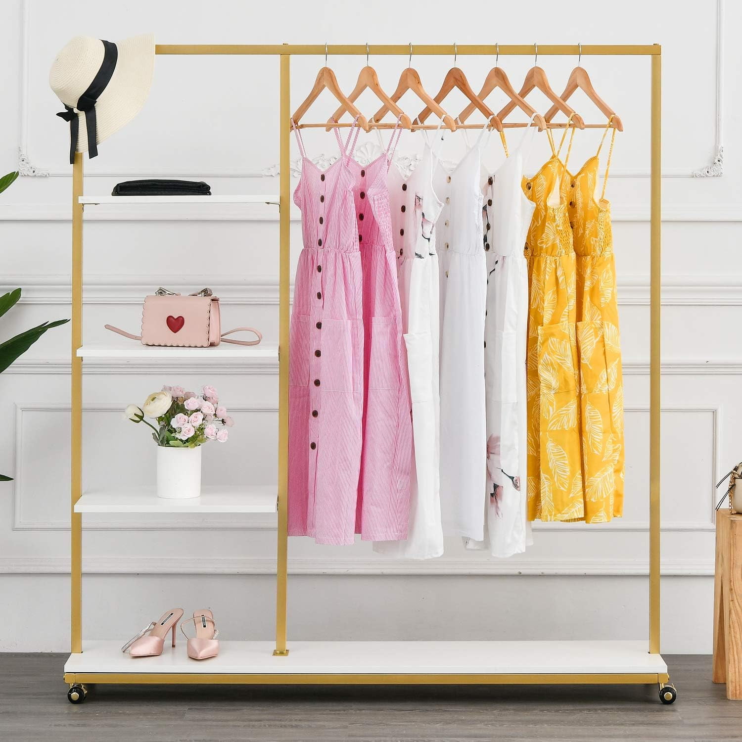 Gold Clothes Racks with 4-Tier Wood Shelves, Modern Freestanding Gold ...