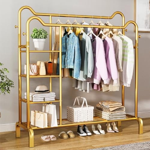 Gold Clothing Garment Rack, Freestanding Double Rod Clothes Rack with ...