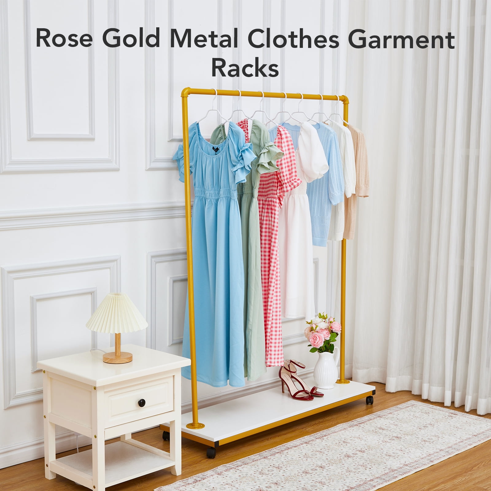 Gold Clothing Rack, Heavy Duty Industrial Pipe Clothing Rack with Wood ...