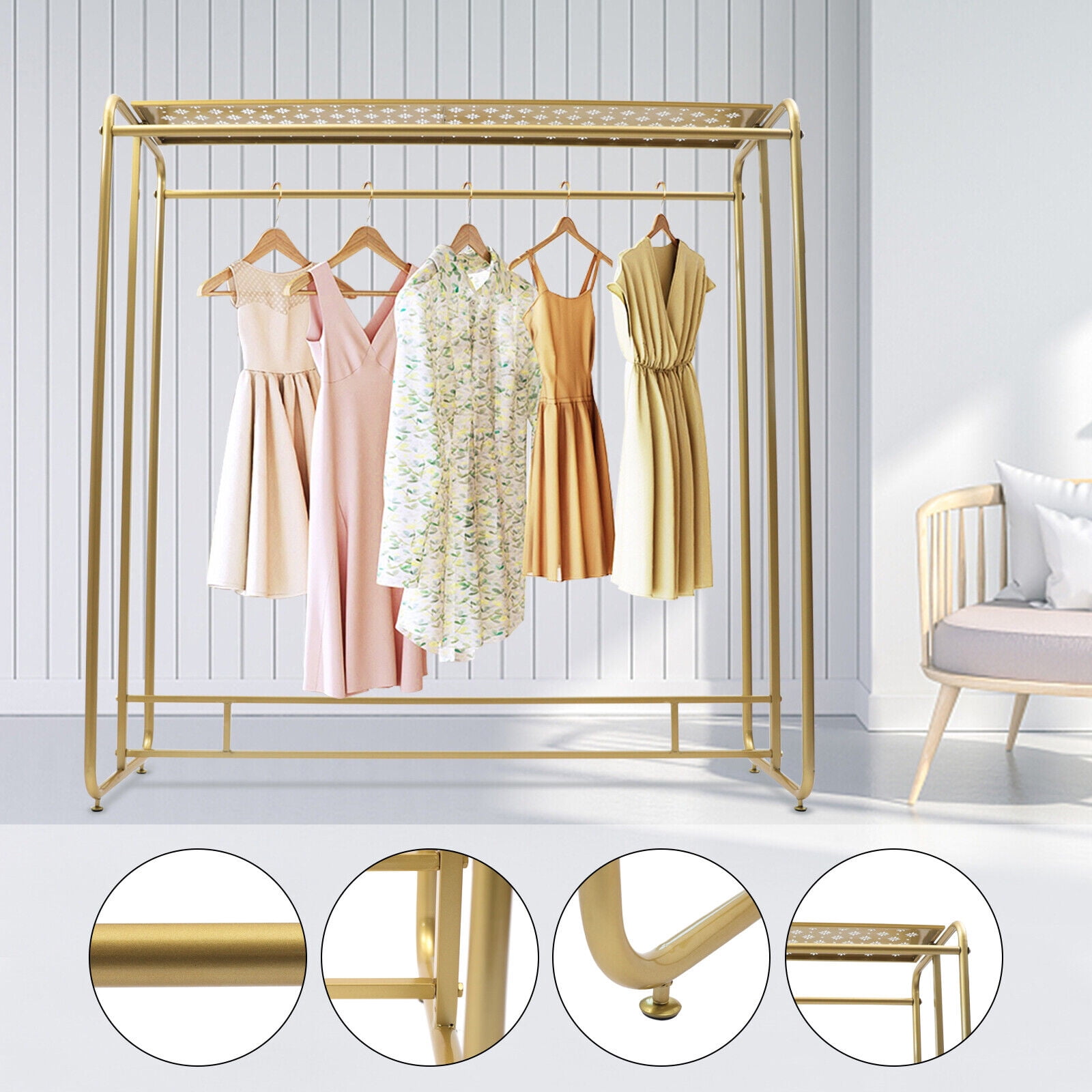 Gold Metal Clothing Rack, Dual-Bar Garment Rack with Top Shelf for ...
