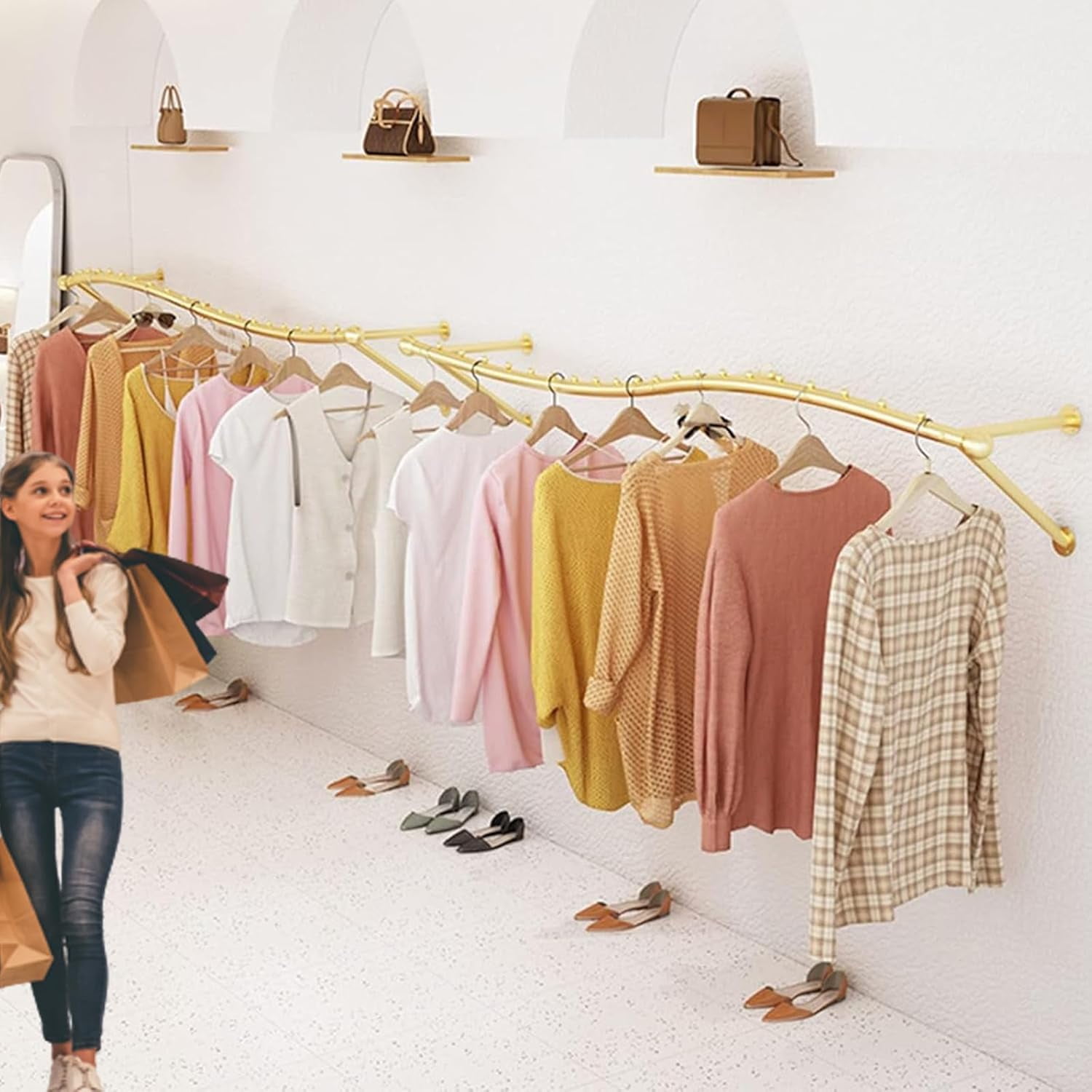 Gold Clothing Rack for Boutiques, Wall Mounted Retail Display Garment ...