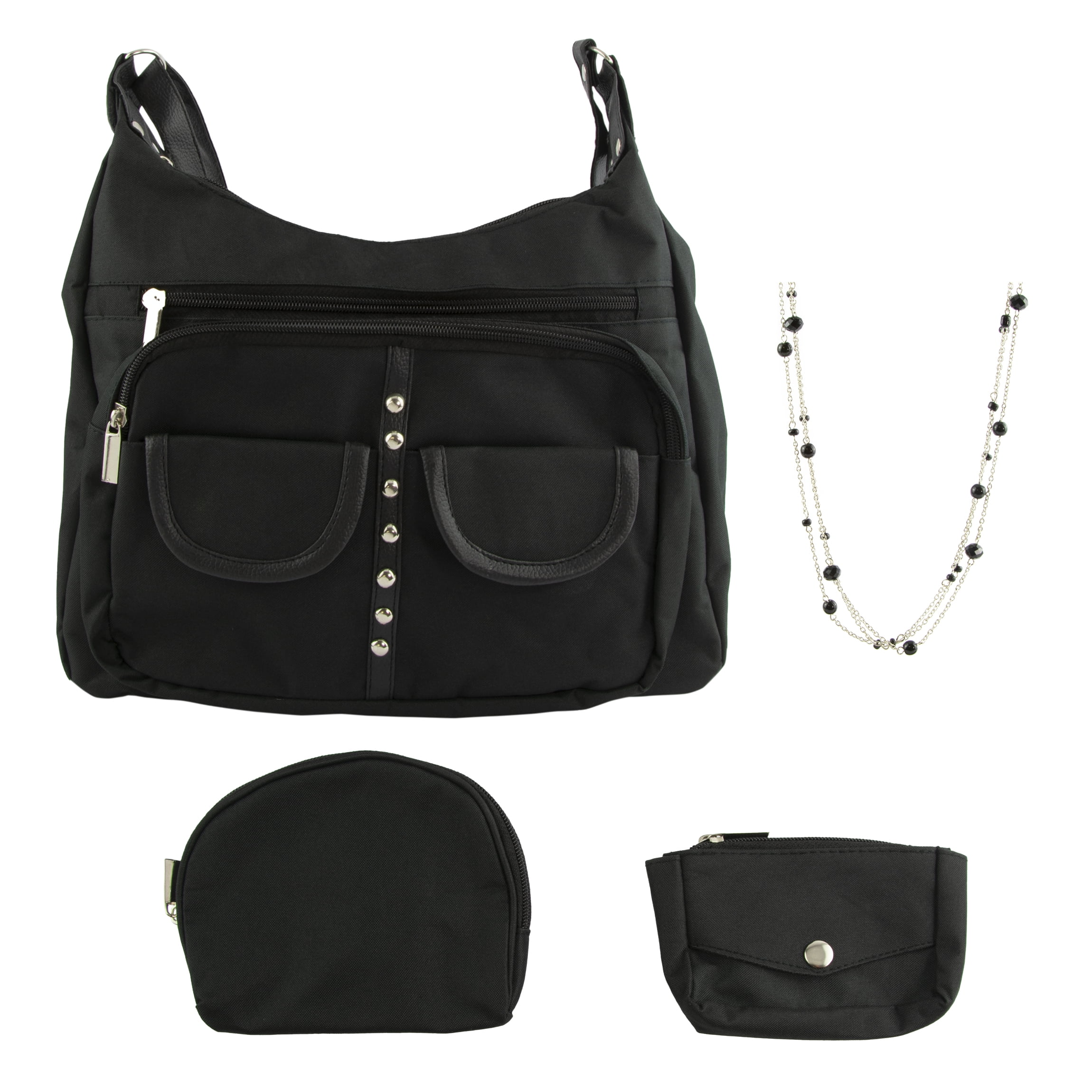 Gold Coast Women's Studded Black Handbag, Pouch and Beaded Necklace Set ...
