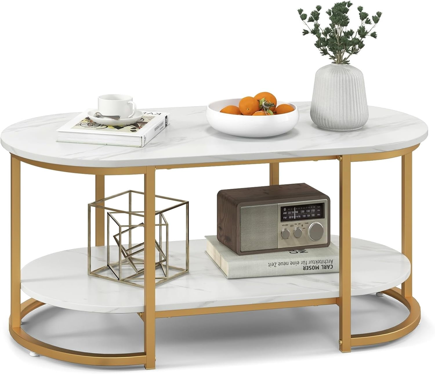 Gold Coffee Table, 39” Oval Coffee Table with 2 Tiers, Faux Marble Top ...