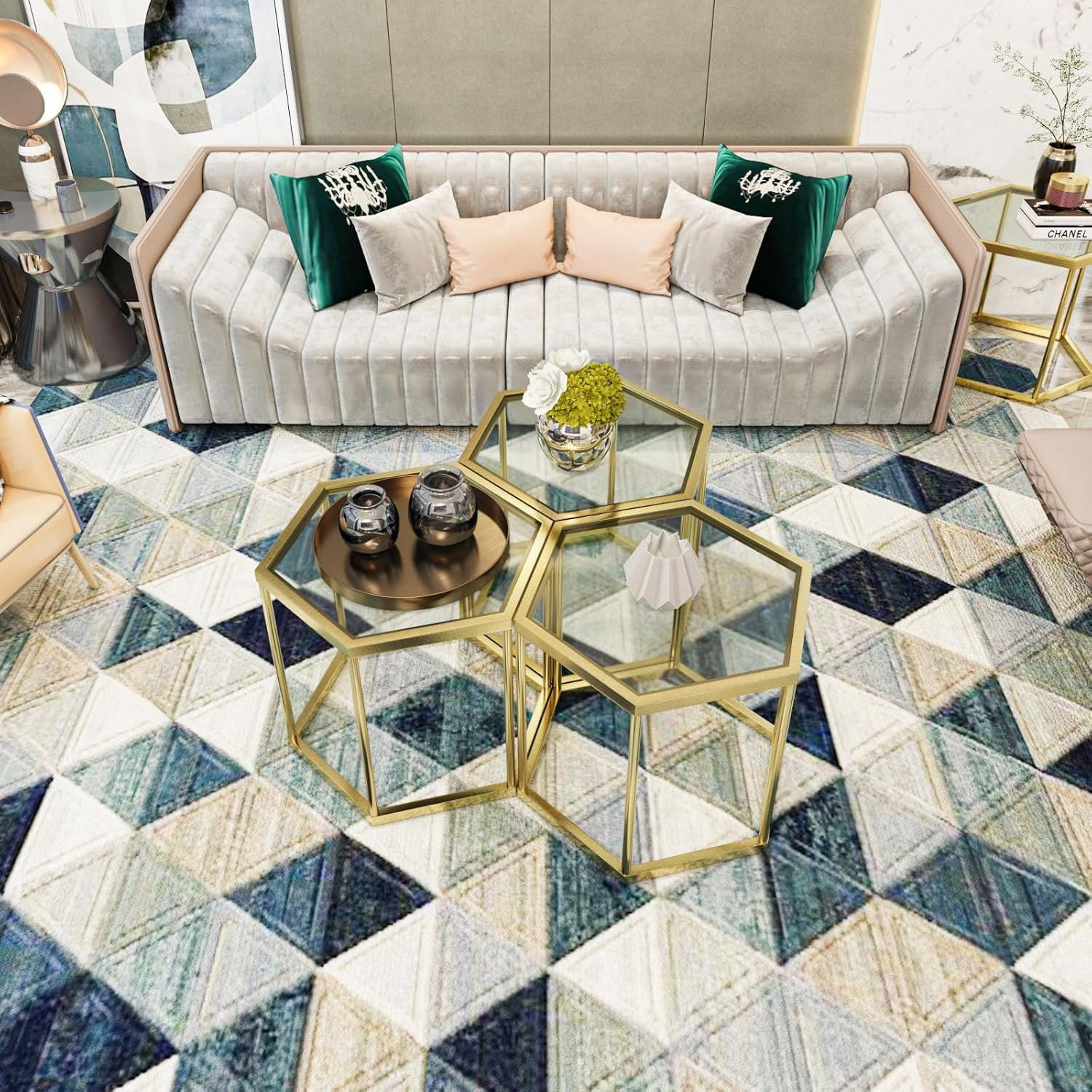 Gold Coffee Table Glass Modern Coffee Table, Hexagon Free Combination ...