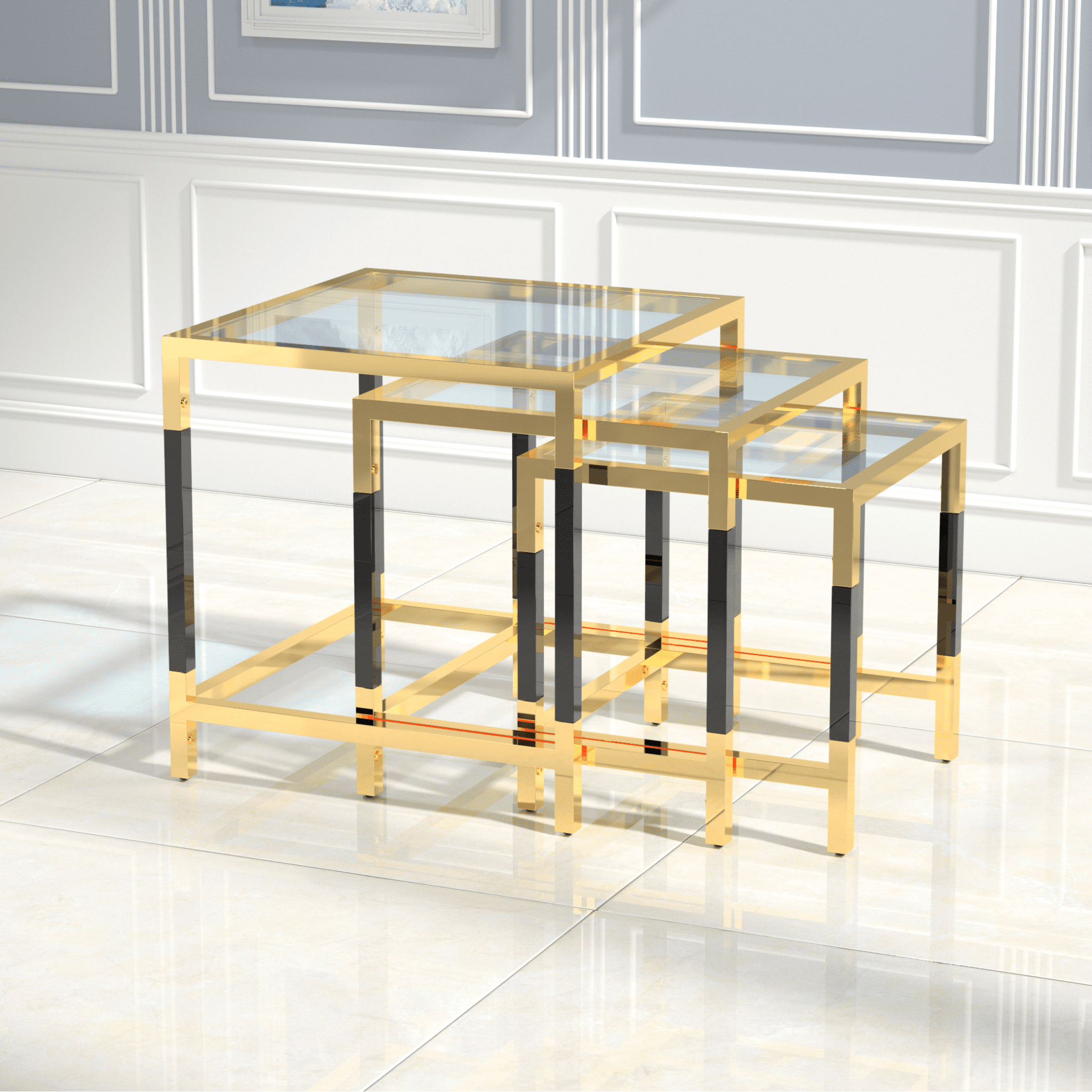 Gold Coffee Table Set of 3, 3 Pieces Square Nesting Glass End Tables ...