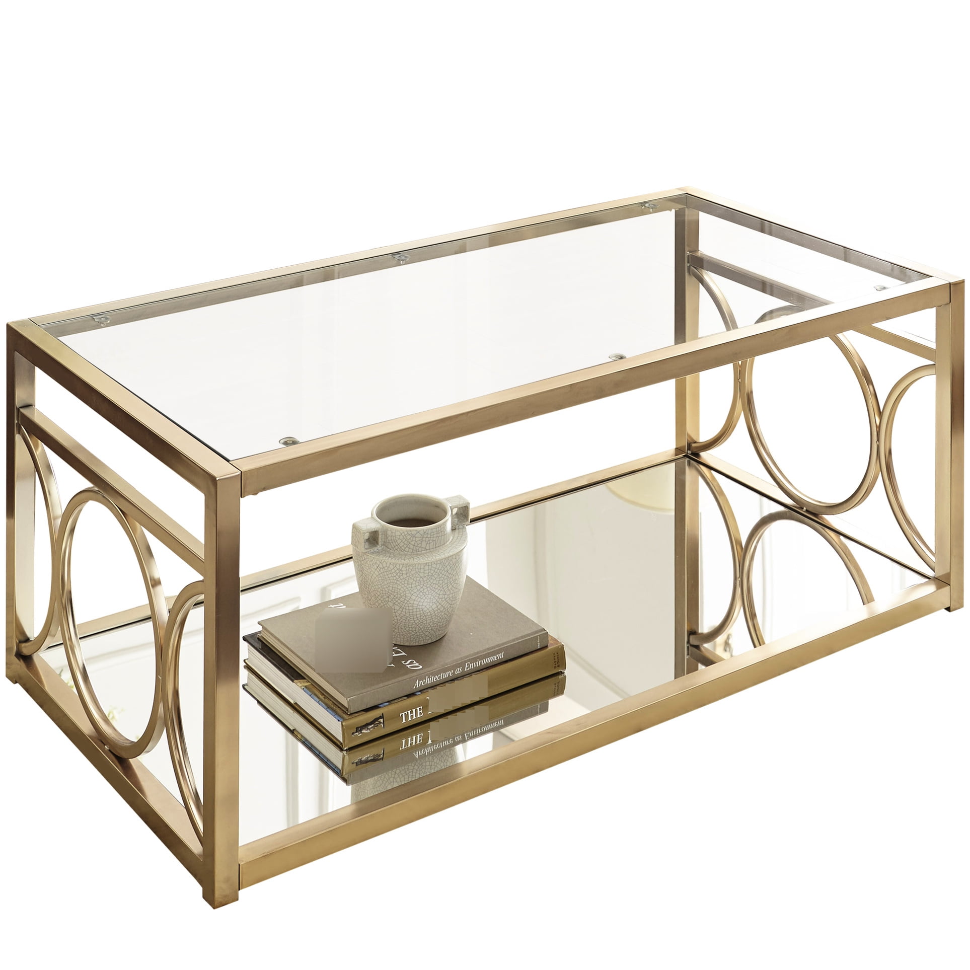 Gold Coffee Table, Tempered Glass And Iron Build, Contemporary Style ...
