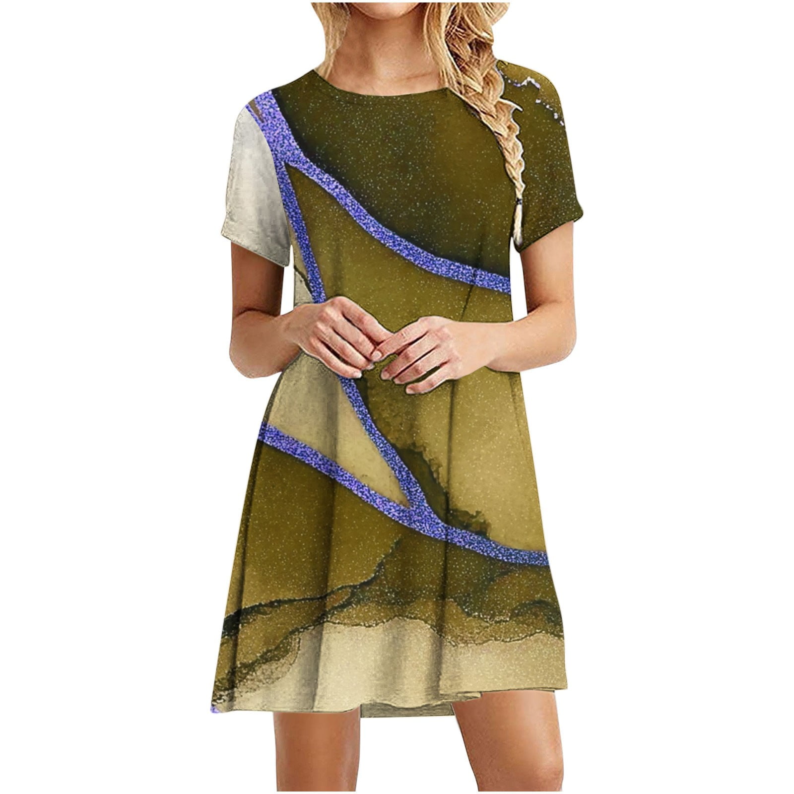 Gold Color Block Geometry Graphic Loose Fit Dresses for Women Summer ...