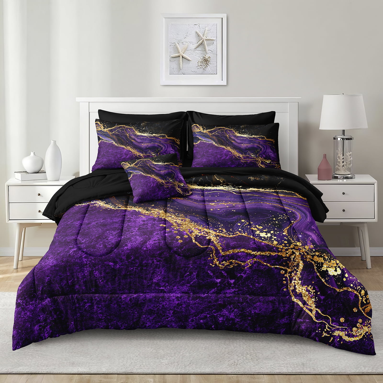 Gold Comforter Set 8 Pcs Purple Marble Bedding Set Bed in A Bag Purple ...