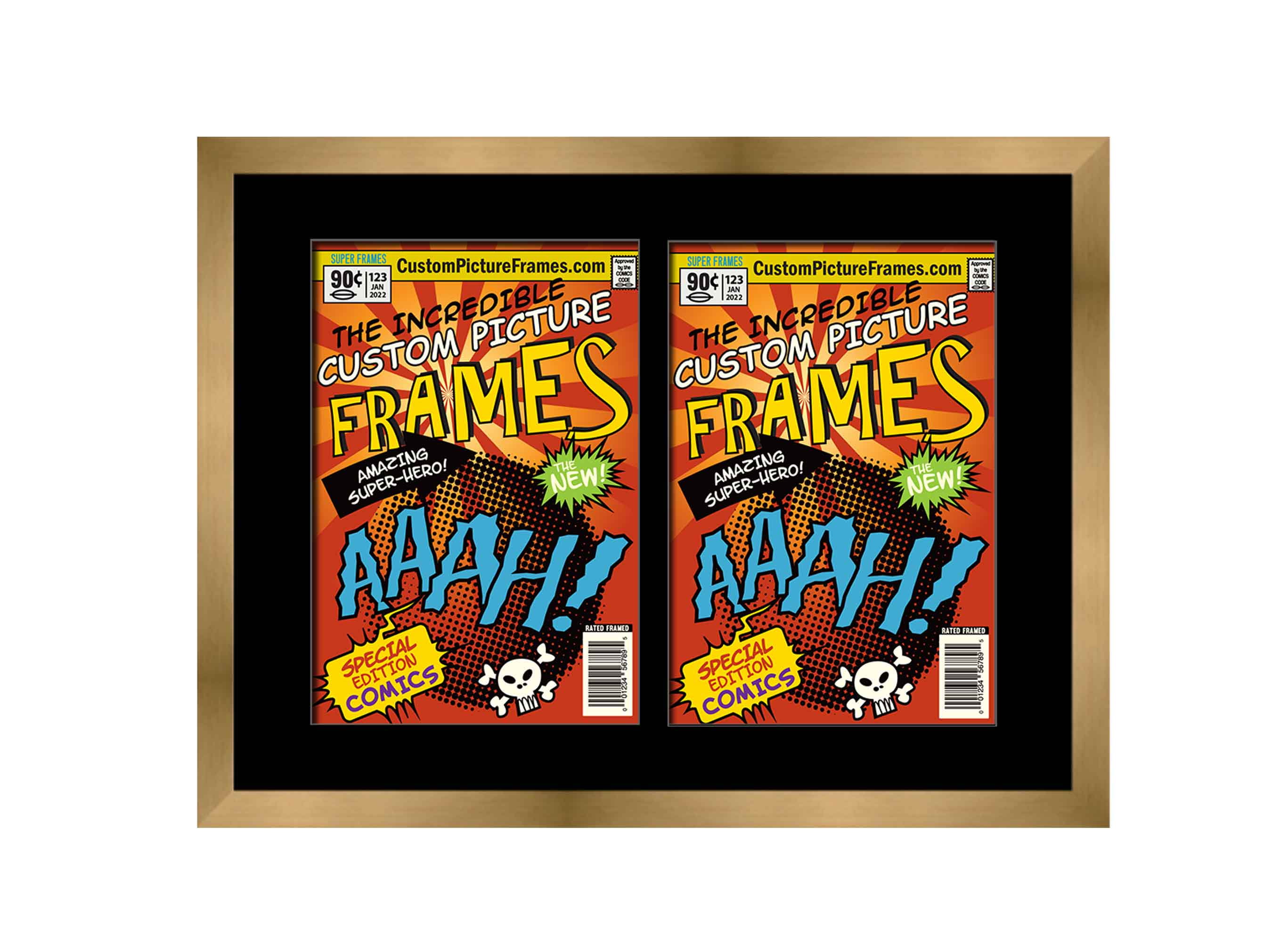 Gold Comic Book Frame with Black Mat - 2 Openings to Display 2 7.125 ...