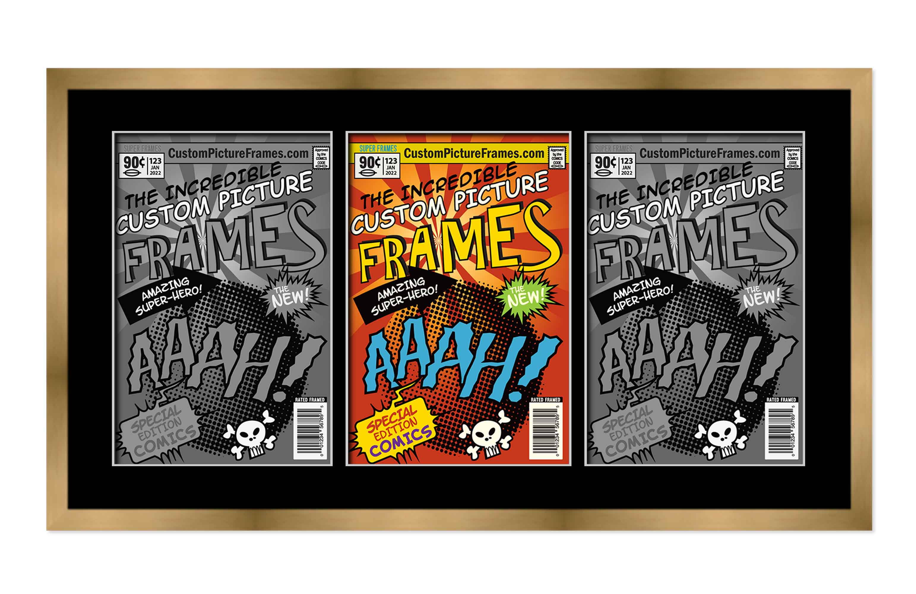 Gold Comic Book Frame with Black Mat - 3 Openings to Display 3 7.75"x10 ...