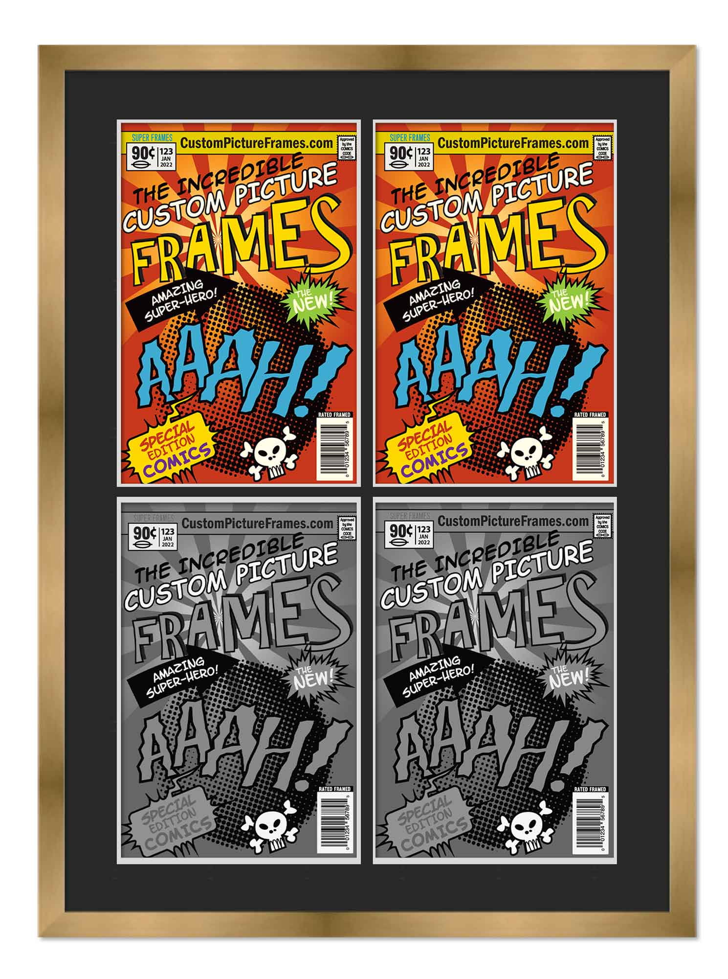 Gold Comic Book Frame with Black Mat - 4 Openingss to Display 4 7.25 ...