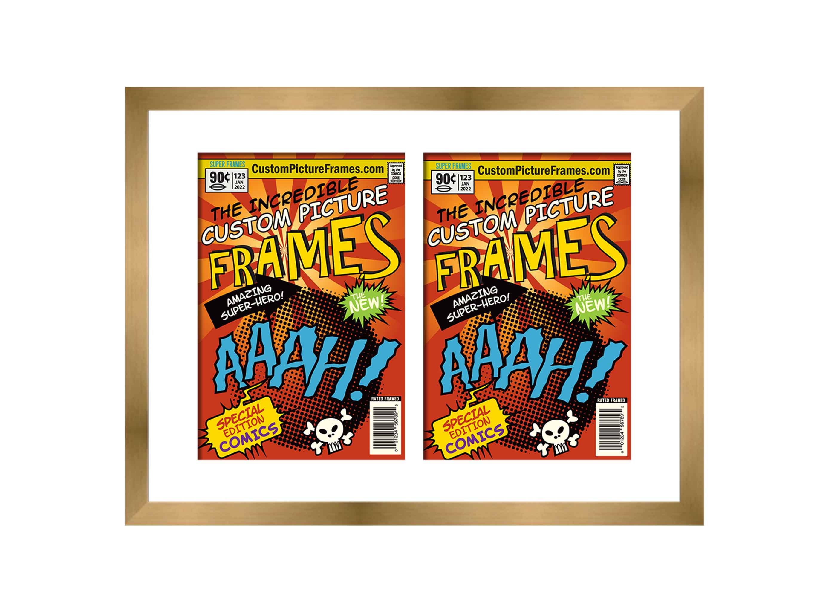Gold Comic Book Frame with White Mat - 2 Openings to Display 2 7.75"x10 ...